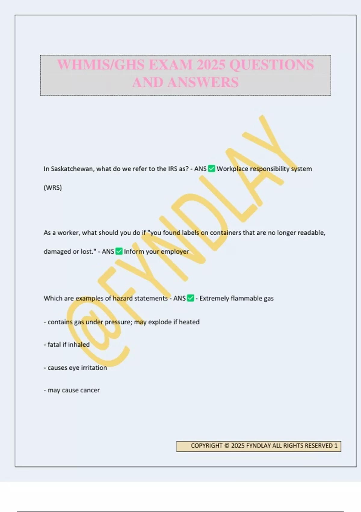 WHMIS/GHS EXAM 2025 QUESTIONS AND ANSWERS - WHMIS - Stuvia US