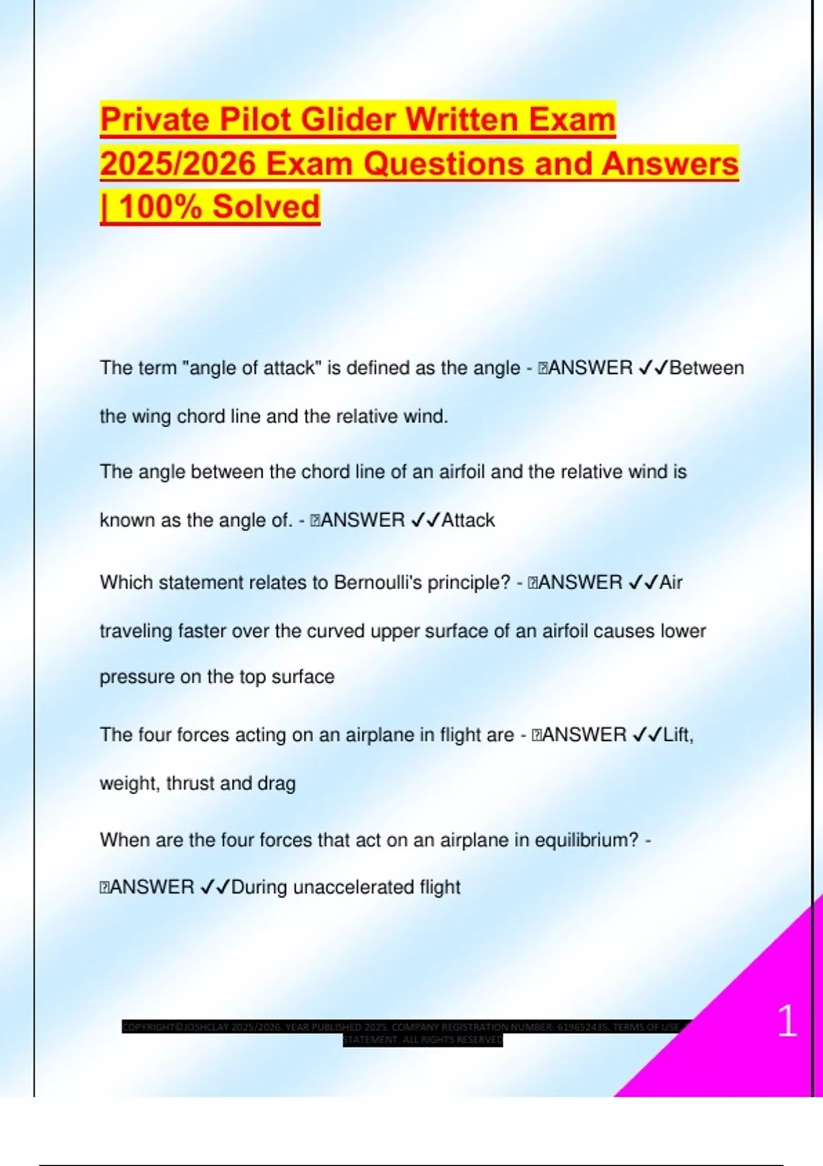 Private Pilot Glider Written Exam 2025/2026 Exam Questions and Answers ...