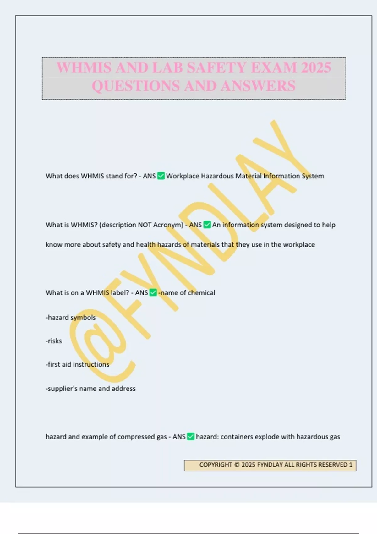 WHMIS AND LAB SAFETY EXAM 2025 QUESTIONS AND ANSWERS - WHMIS - Stuvia US