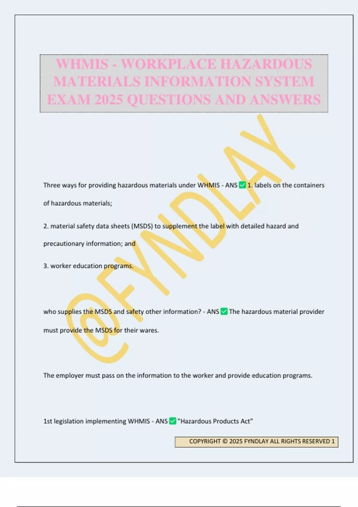 WHMIS - WORKPLACE HAZARDOUS MATERIALS INFORMATION SYSTEM EXAM 2025 ...