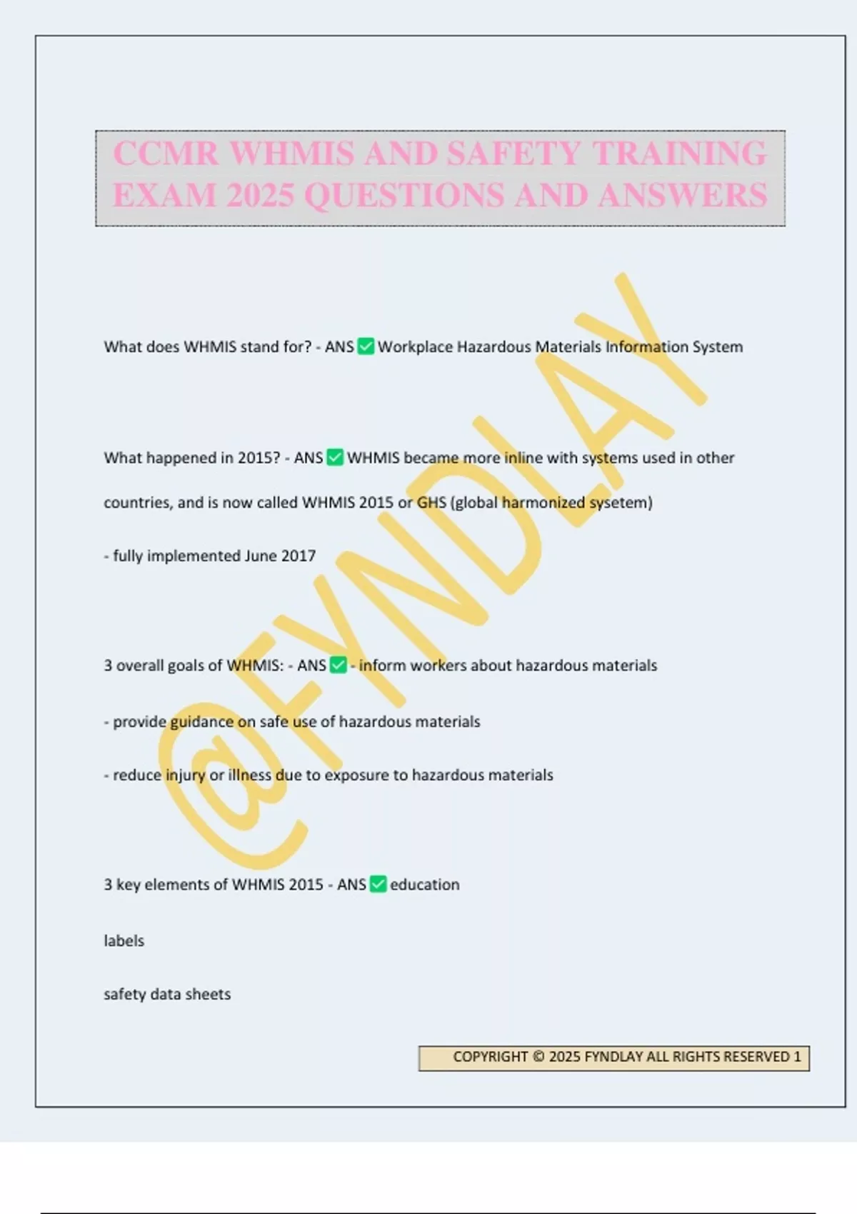 CCMR WHMIS AND SAFETY TRAINING EXAM 2025 QUESTIONS AND ANSWERS - WHMIS ...