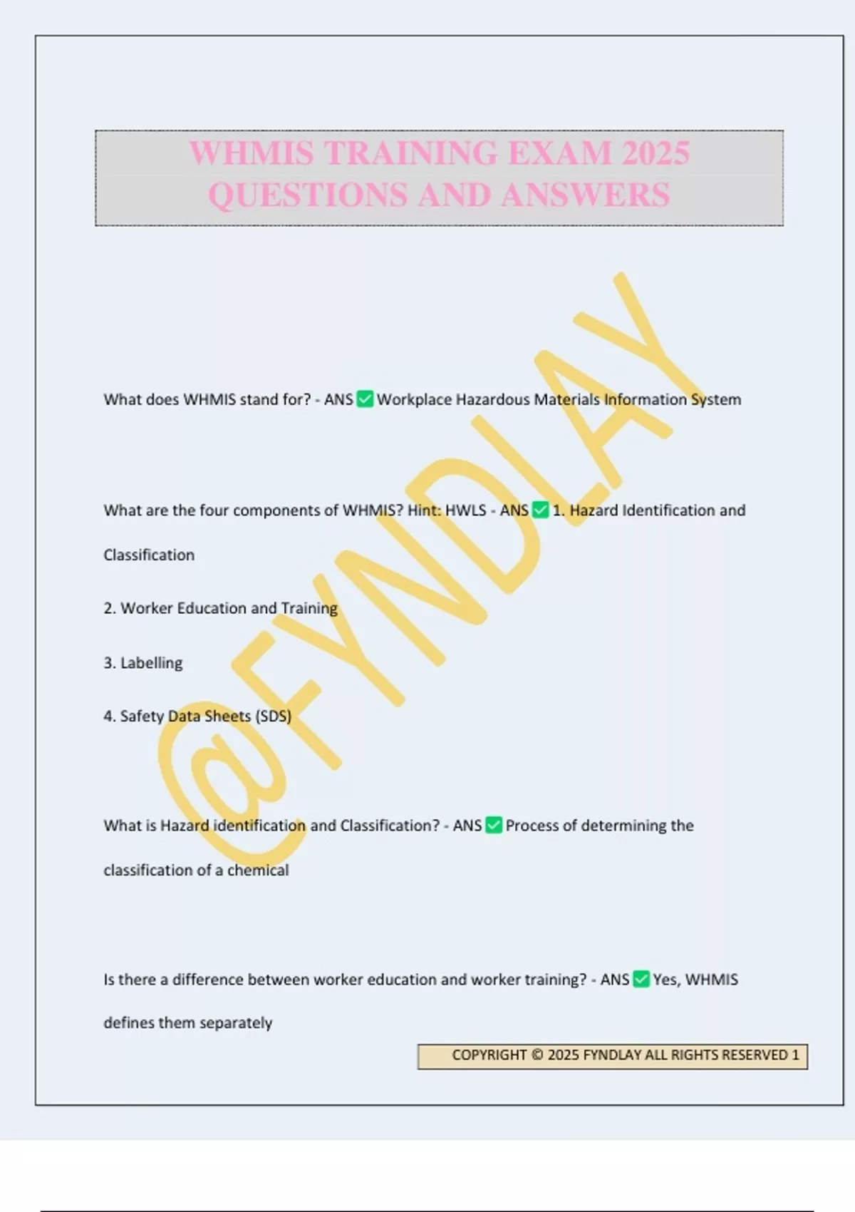 WHMIS TRAINING EXAM 2025 QUESTIONS AND ANSWERS - WHMIS - Stuvia US