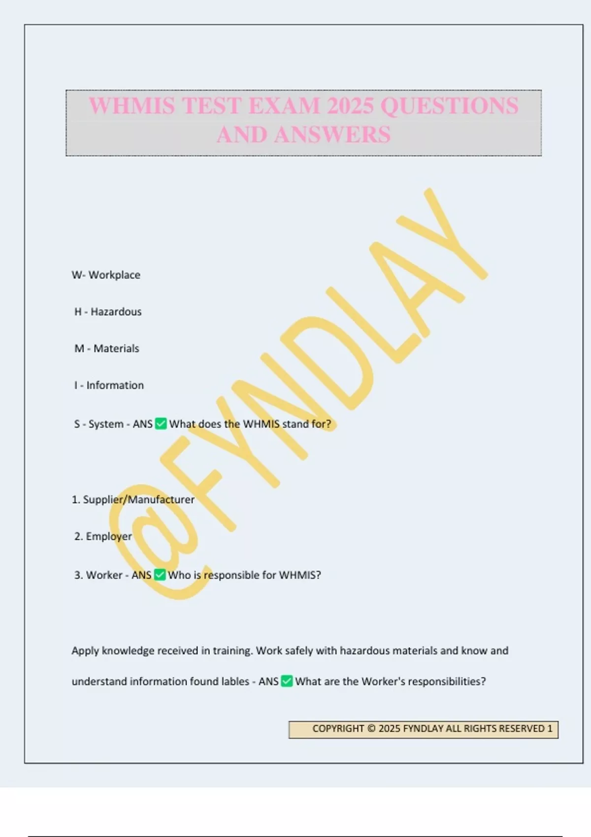 WHMIS TEST EXAM 2025 QUESTIONS AND ANSWERS - WHMIS - Stuvia US
