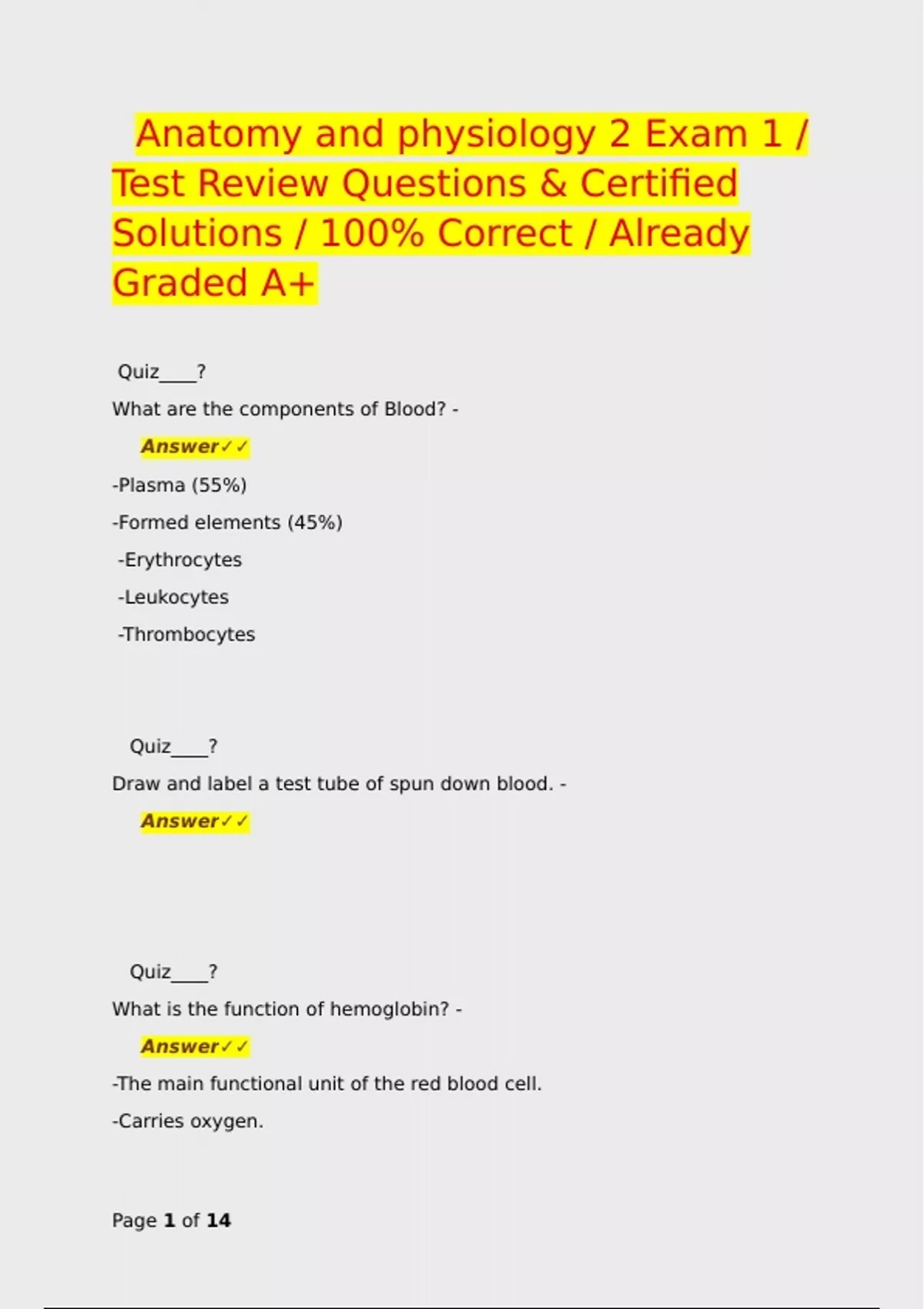 Anatomy and physiology 2 Exam 1 / Test Review Questions & Certified ...