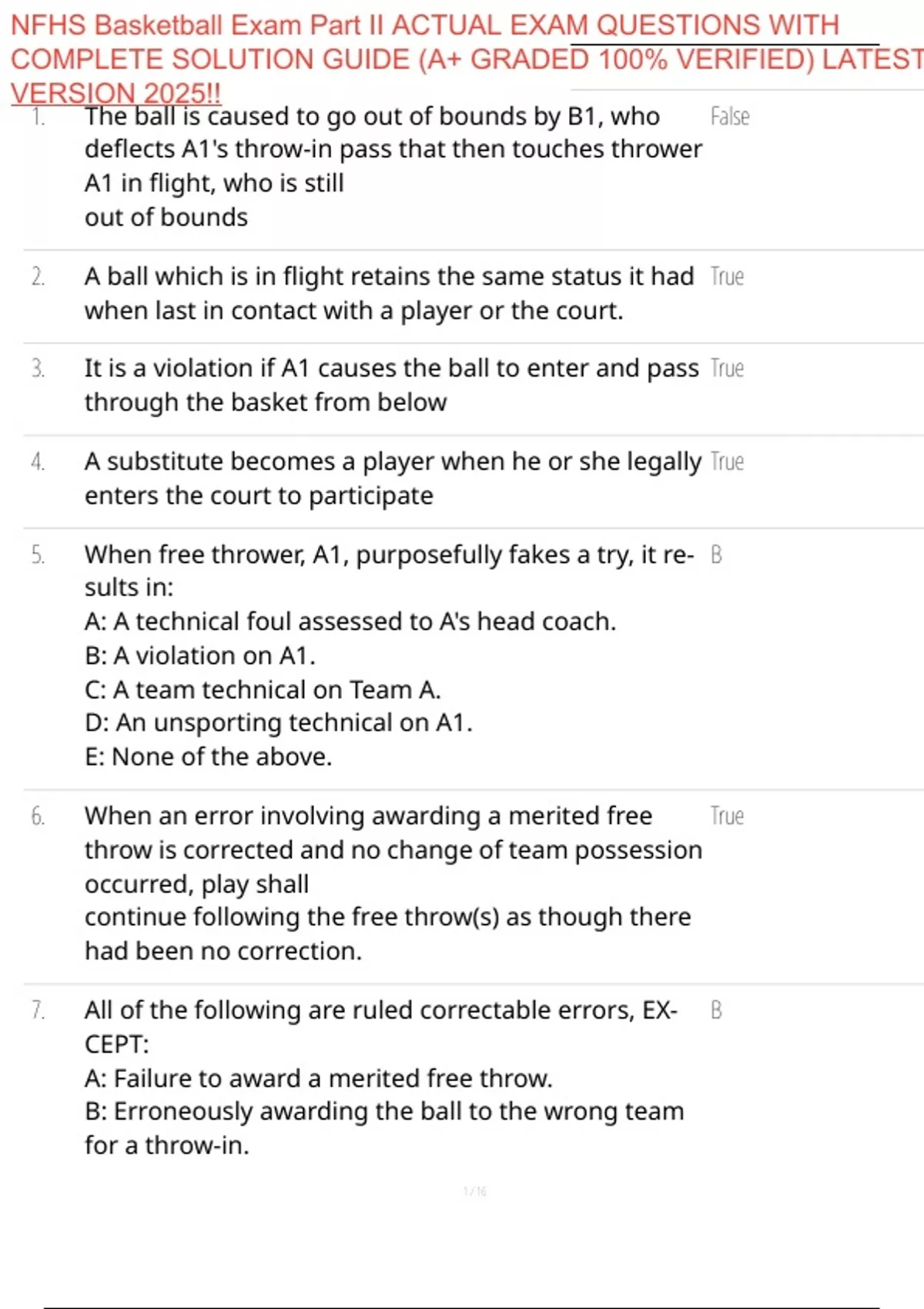 NFHS Basketball Exam Part II ACTUAL EXAM QUESTIONS WITH COMPLETE SOLUTION GUIDE (A+ GRADED 100% ...