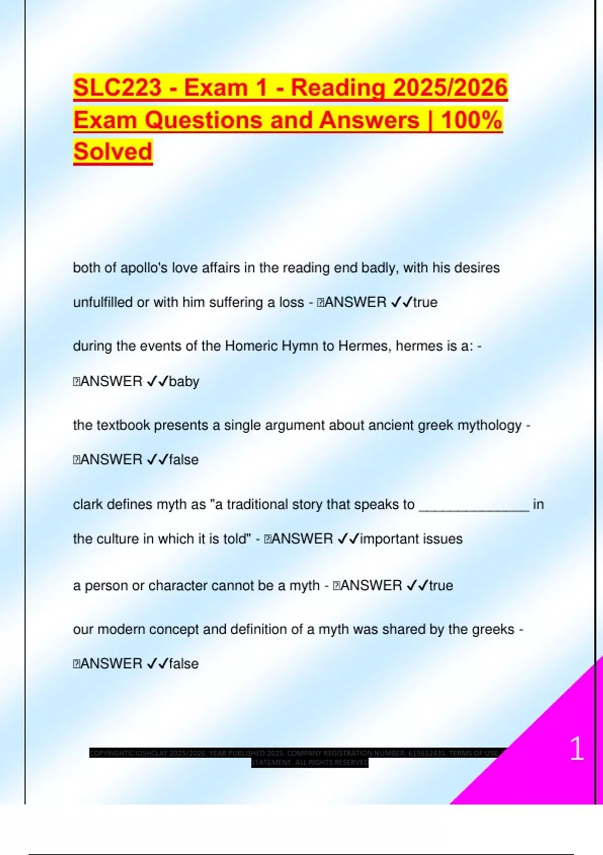 SLC223 - Exam 1 - Reading 2025/2026 Exam Questions and Answers | 100% ...