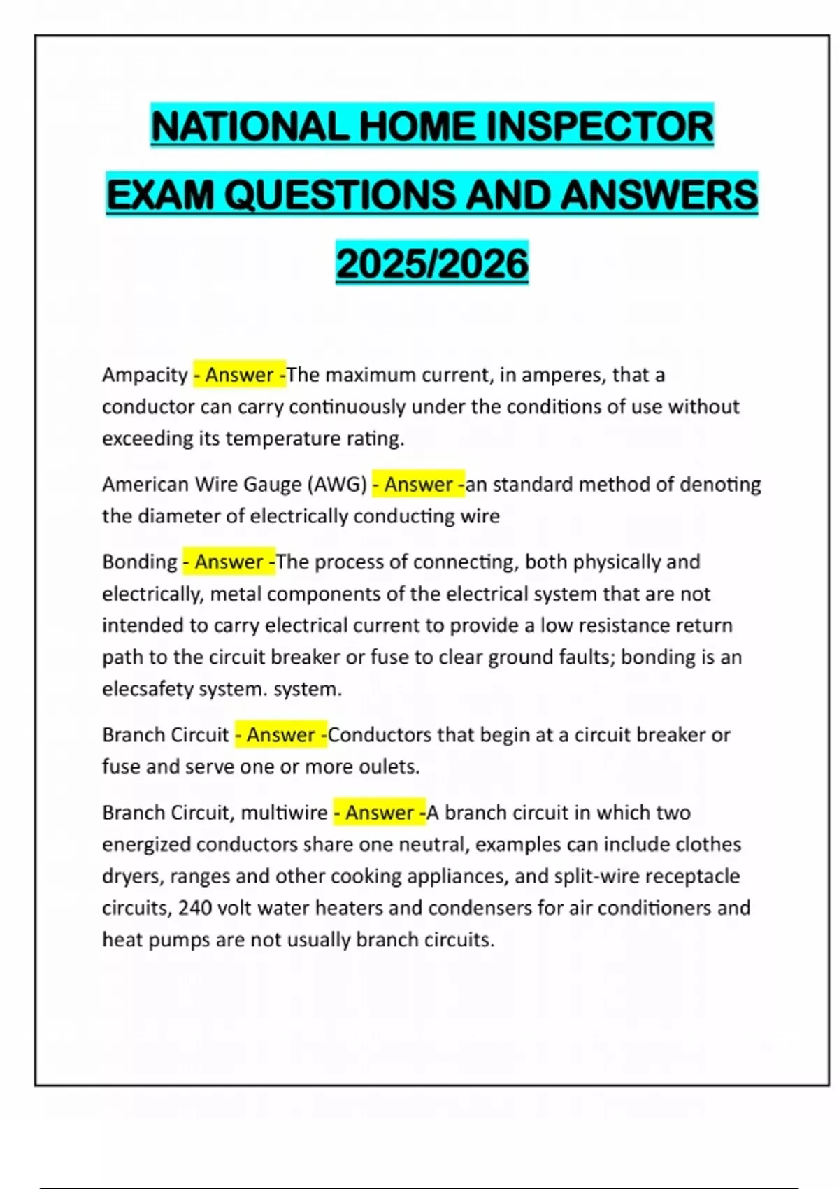 NATIONAL HOME INSPECTOR EXAM QUESTIONS AND ANSWERS 2025/2026 - NATIONAL ...