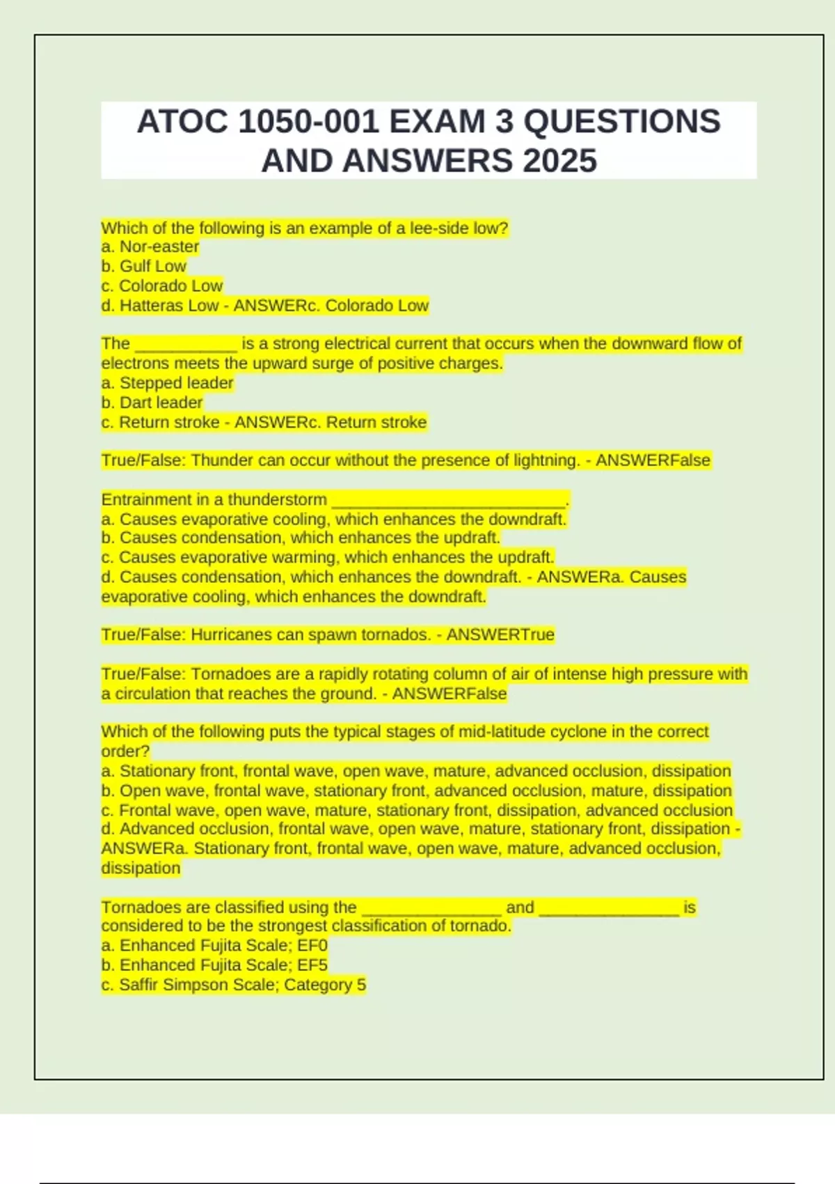 ATOC 1050-001 EXAM 3 QUESTIONS AND ANSWERS 2025 - ATOC 1050-001 - Stuvia US