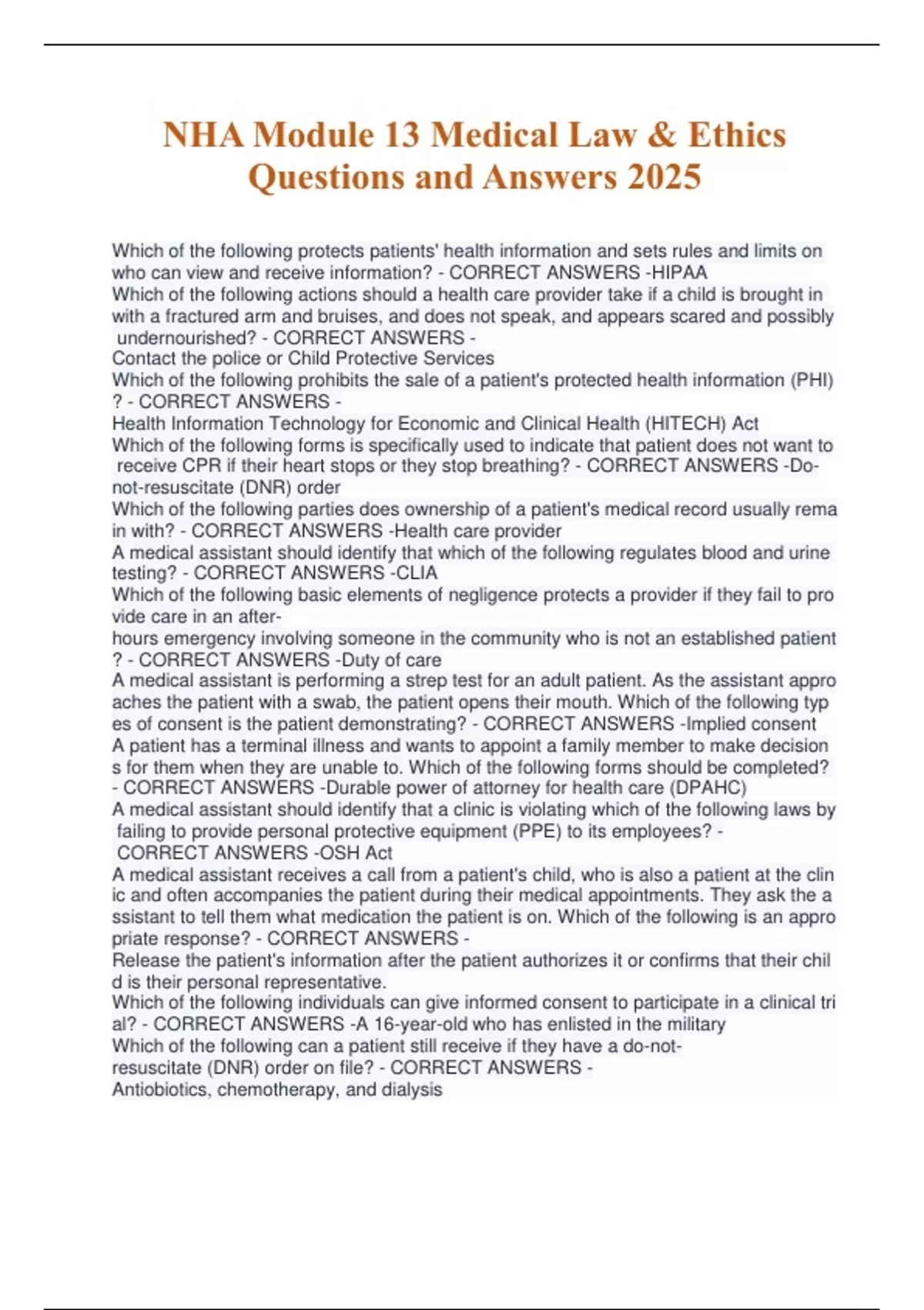 NHA Module 13 Medical Law & Ethics Questions and Answers 2025 ...