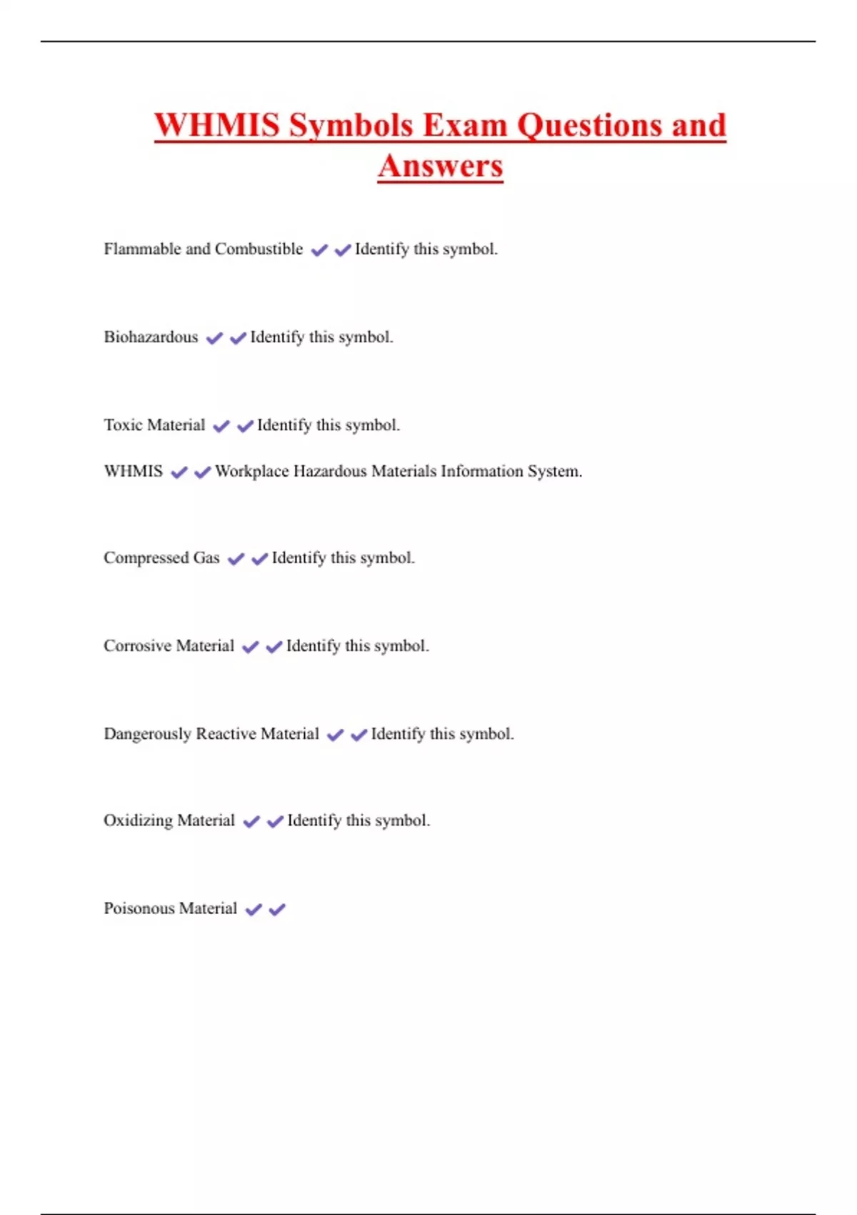 WHMIS Symbols Exam Questions and Answers - WHMIS.... - Stuvia US