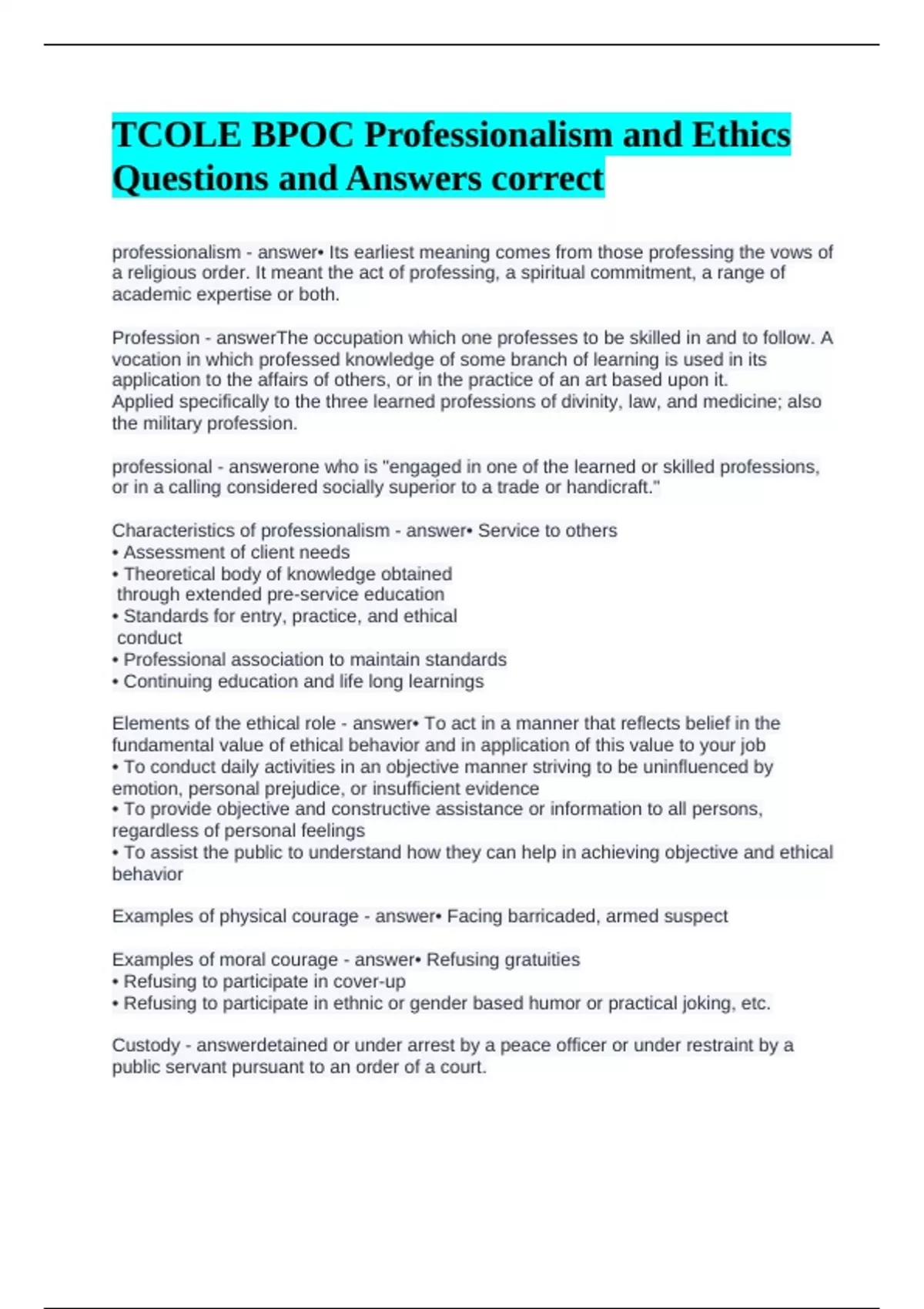 TCOLE BPOC Professionalism and Ethics Questions and Answers correct ...