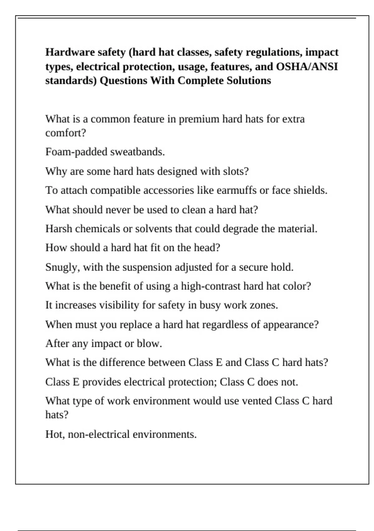 Hardware safety (hard hat classes, safety regulations, impact types ...