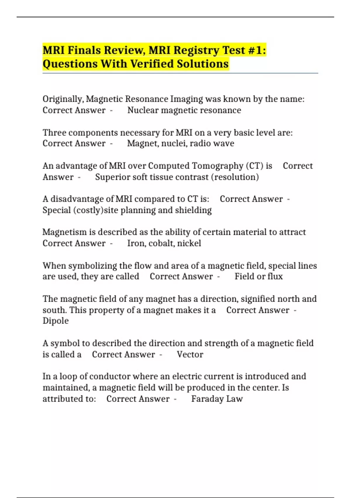 MRI Finals Review, MRI Registry Test #1: Questions With Verified ...