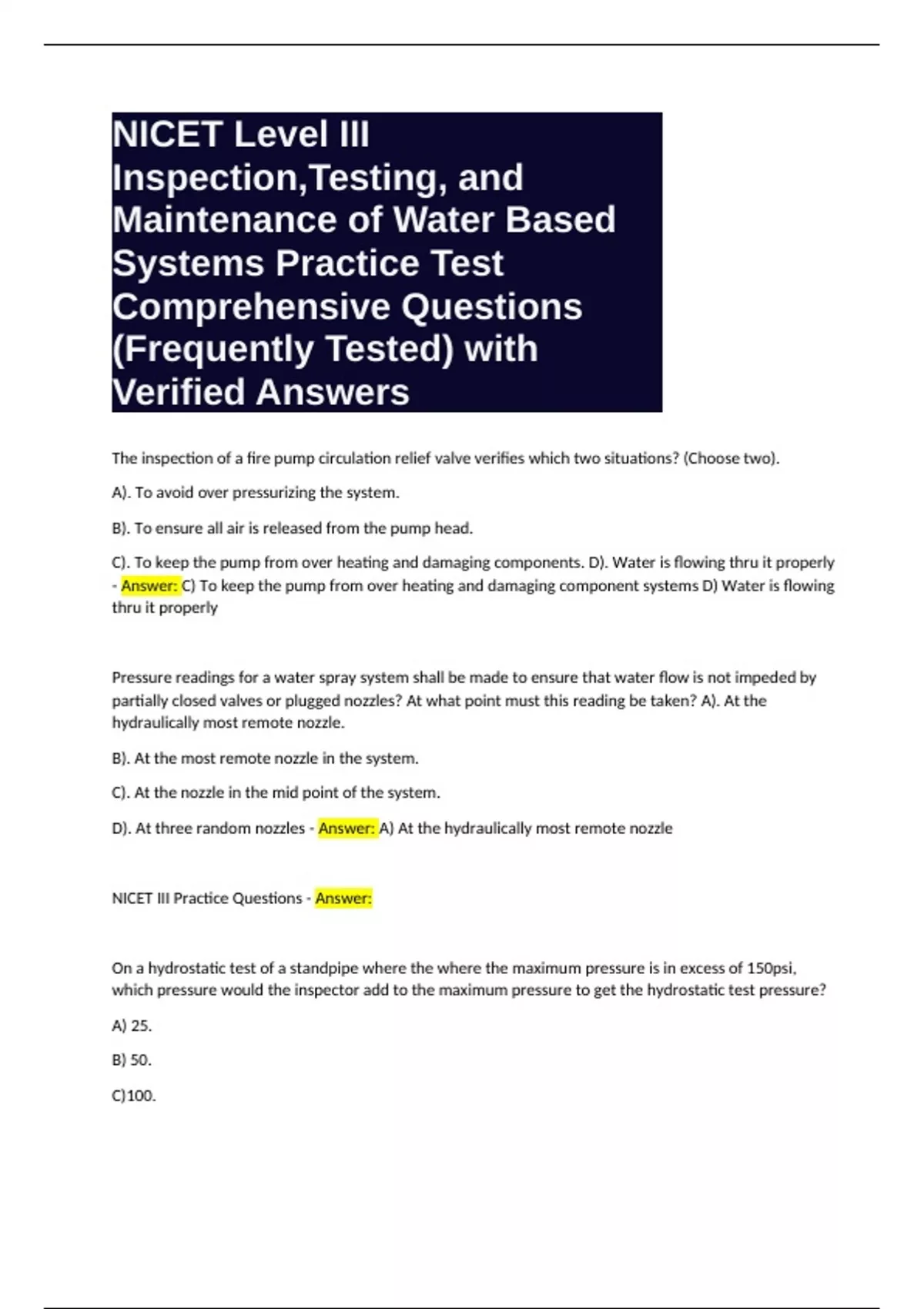 NICET Level III Inspection,Testing, and Maintenance of Water Based ...