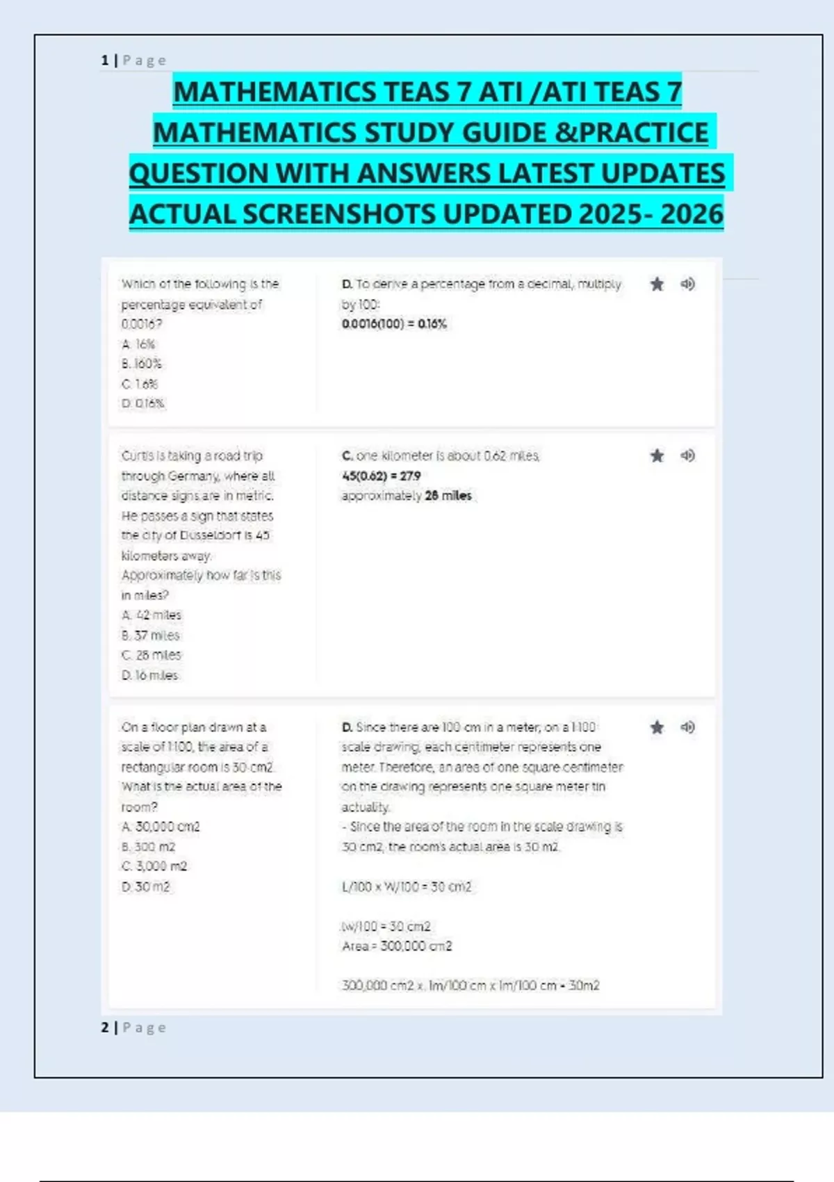 ATI TEAS 7 MATHEMATICS STUDY GUIDE &PRACTICE QUESTION WITH ANSWERS ...