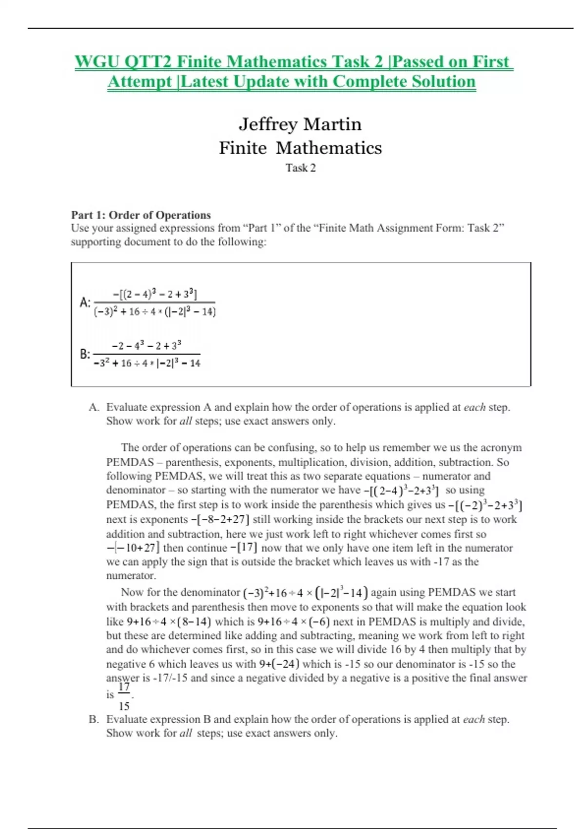 WGU QTT2 Finite Mathematics Task 2 |Passed on First Attempt |Latest ...
