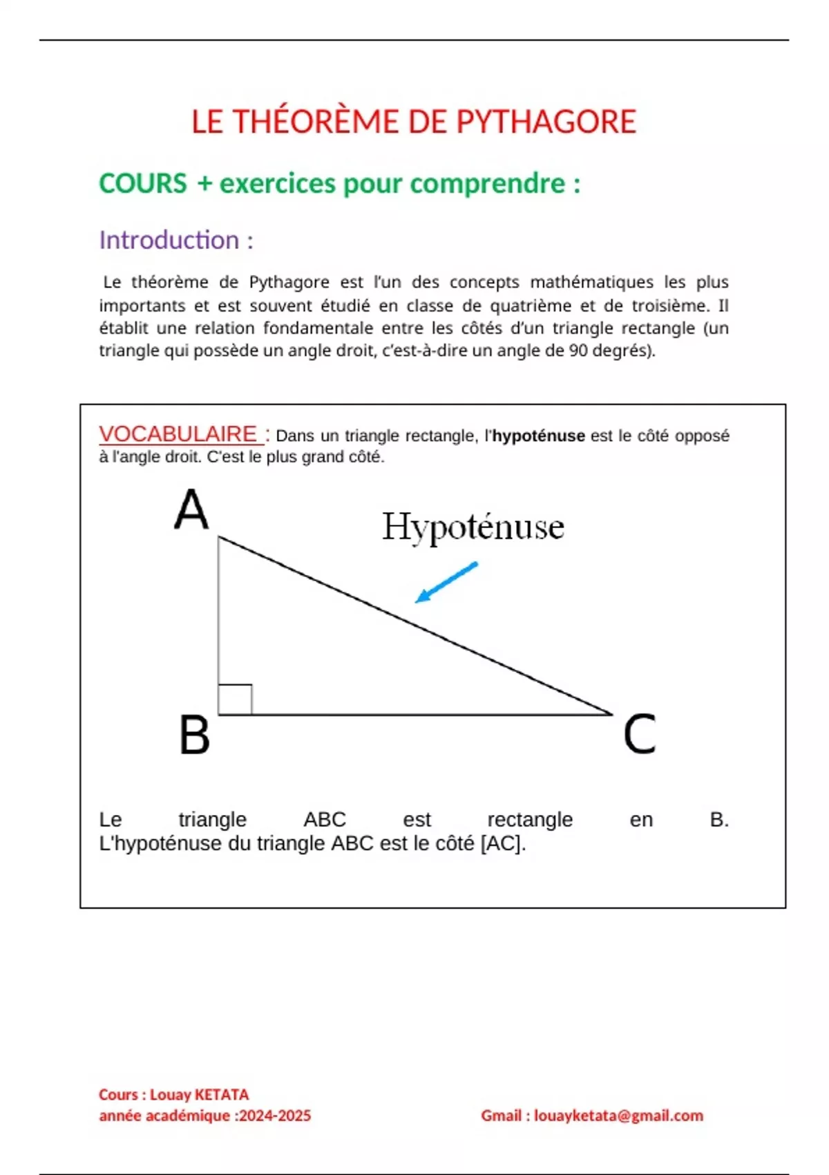 cours + exercices théorème de Pythagore et sa réciproque - Mathématique ...