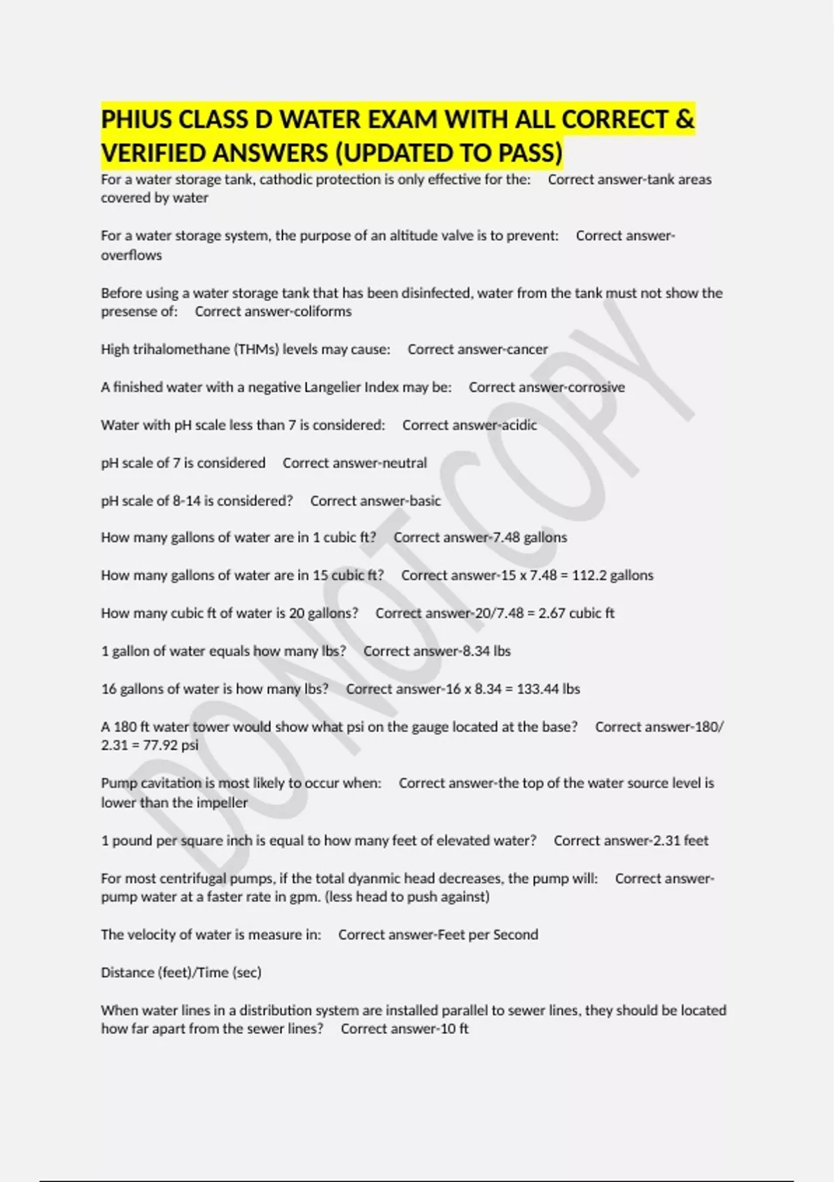 PHIUS CLASS D WATER EXAM WITH ALL CORRECT & VERIFIED ANSWERS (UPDATED ...