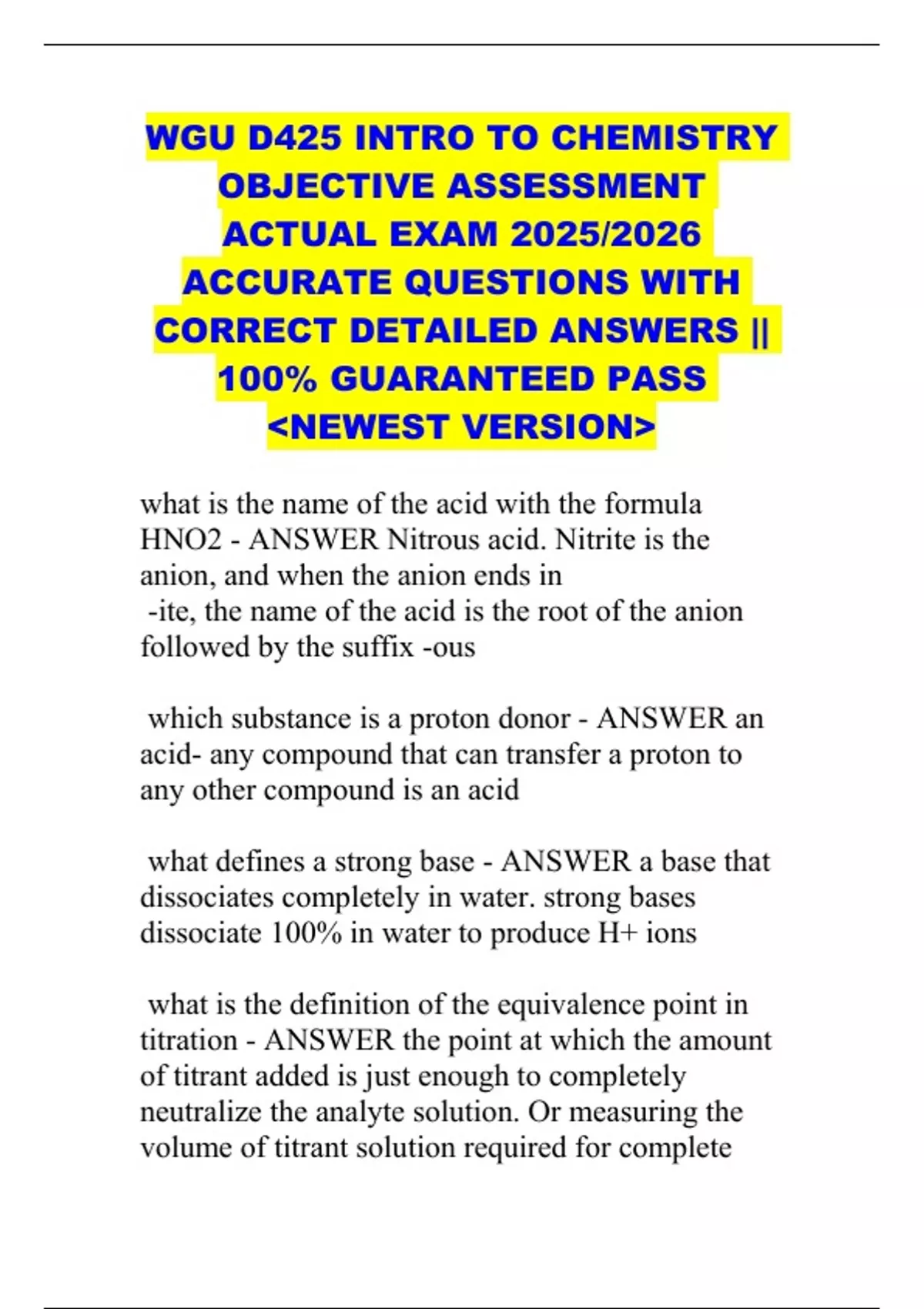 WGU D425 INTRO TO CHEMISTRY OBJECTIVE ASSESSMENT ACTUAL EXAM 2025/2026 ...