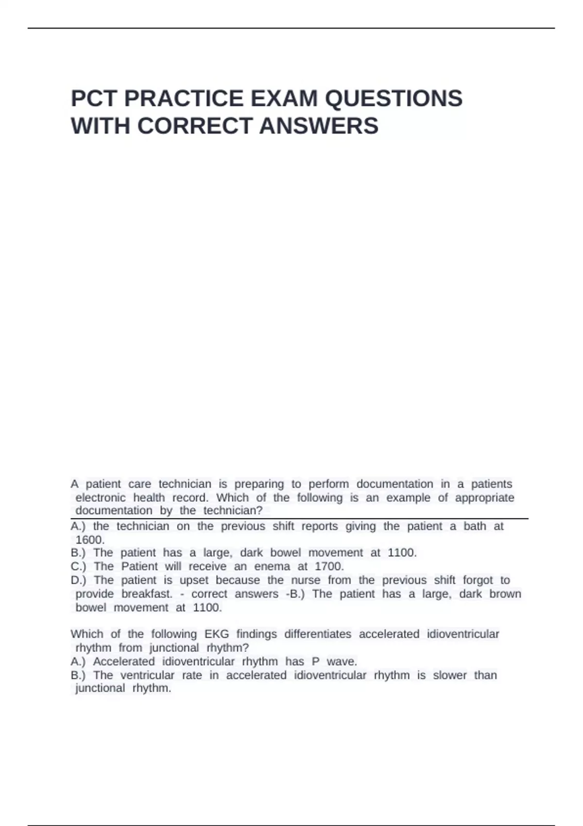 PCT PRACTICE EXAM QUESTIONS WITH CORRECT ANSWERS - Patient Care ...