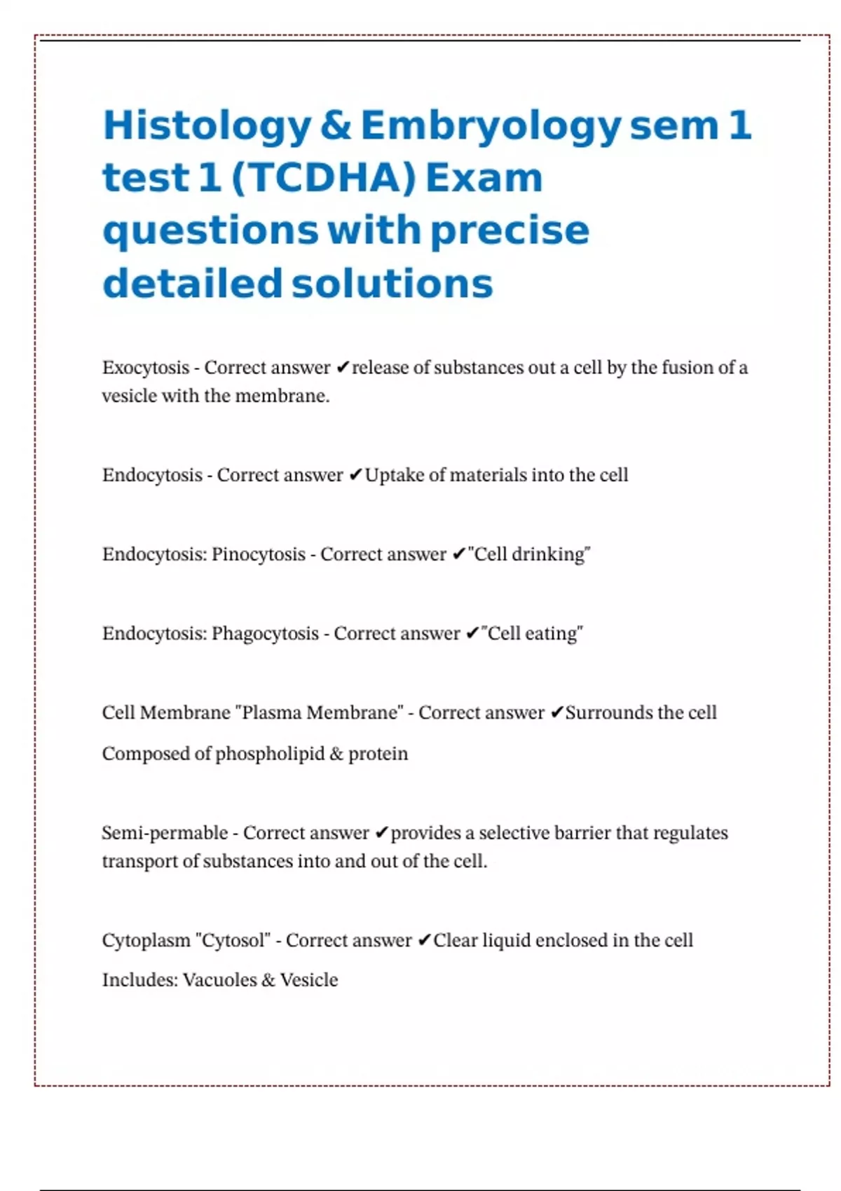 Histology & Embryology sem 1 test 1 (TCDHA) Exam questions with precise ...