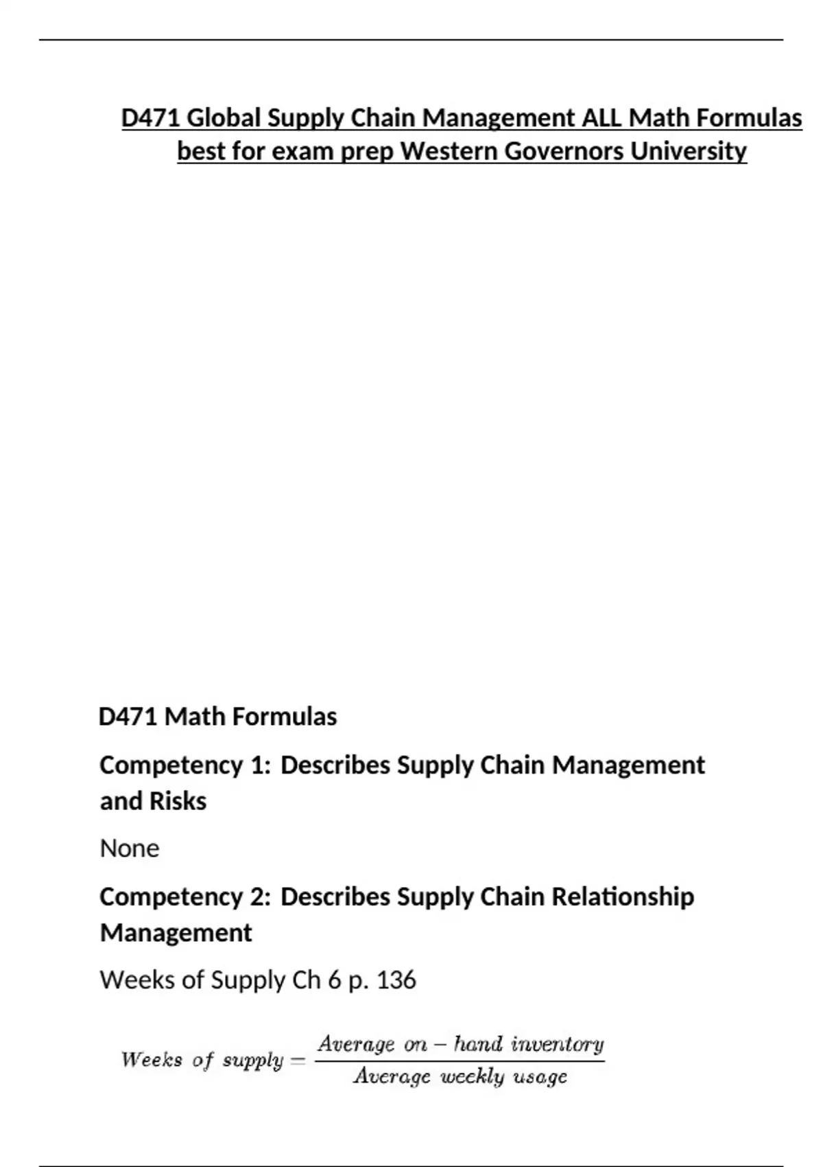 D471 Global Supply Chain Management ALL Math Formulas best for exam ...