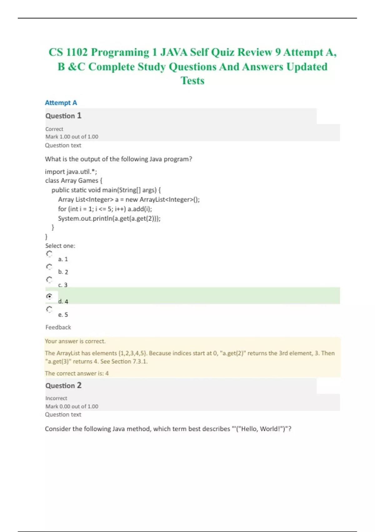 CS 1102 Programing 1 JAVA Self Quiz Review 9 Attempt A, B &C Complete Study Questions And ...