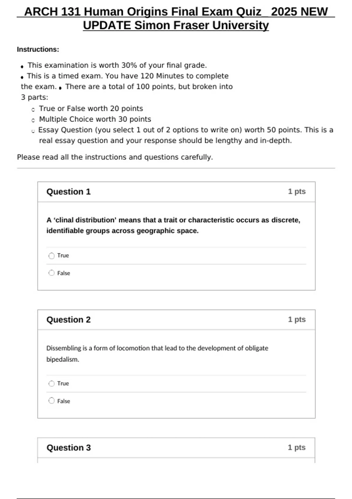 ARCH 131 Human Origins Final Exam Quiz_ 2025 NEW UPDATE Simon Fraser ...