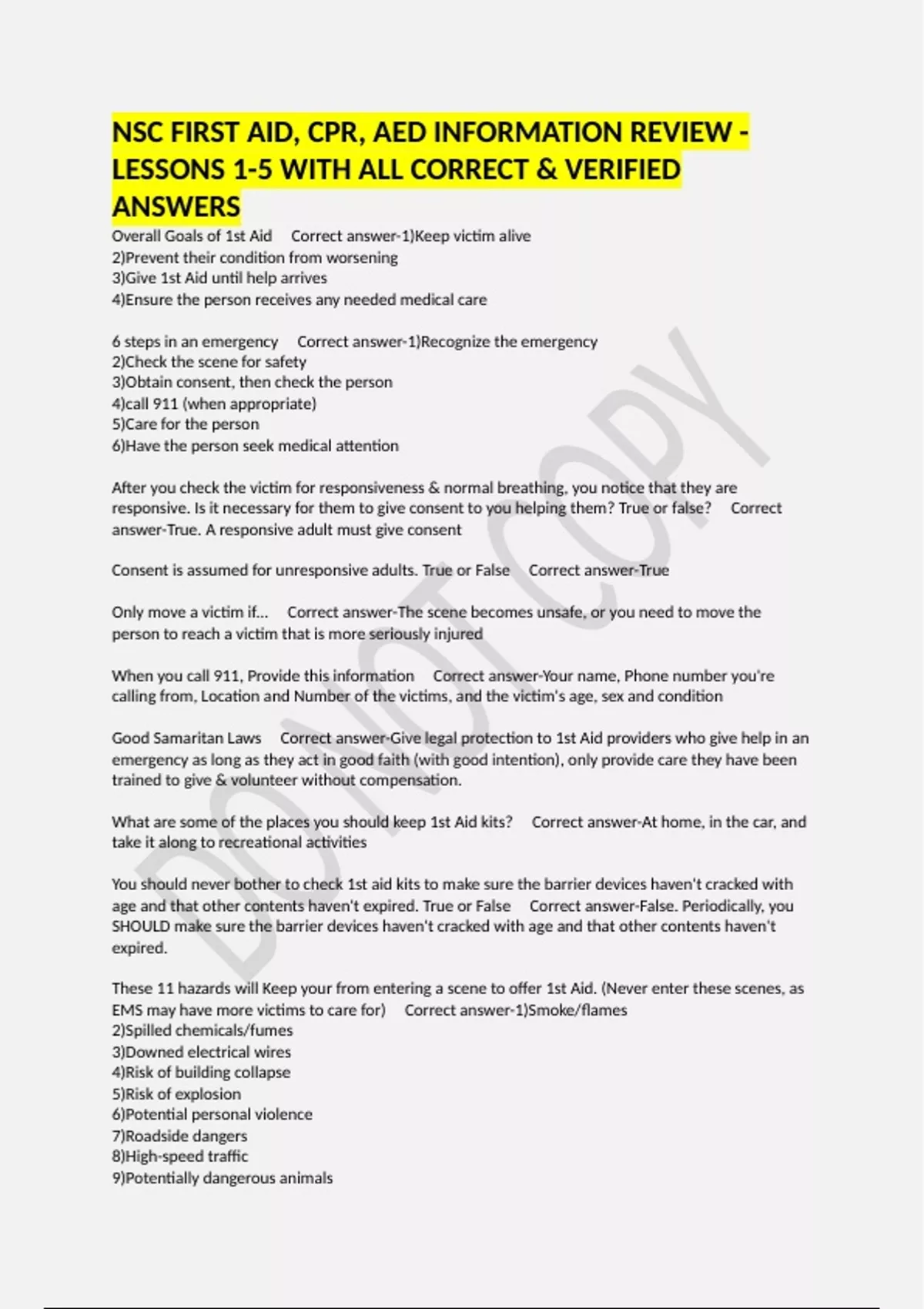 NSC FIRST AID, CPR, AED INFORMATION REVIEW - LESSONS 1-5 WITH ALL CORRECT & VERIFIED ANSWERS ...