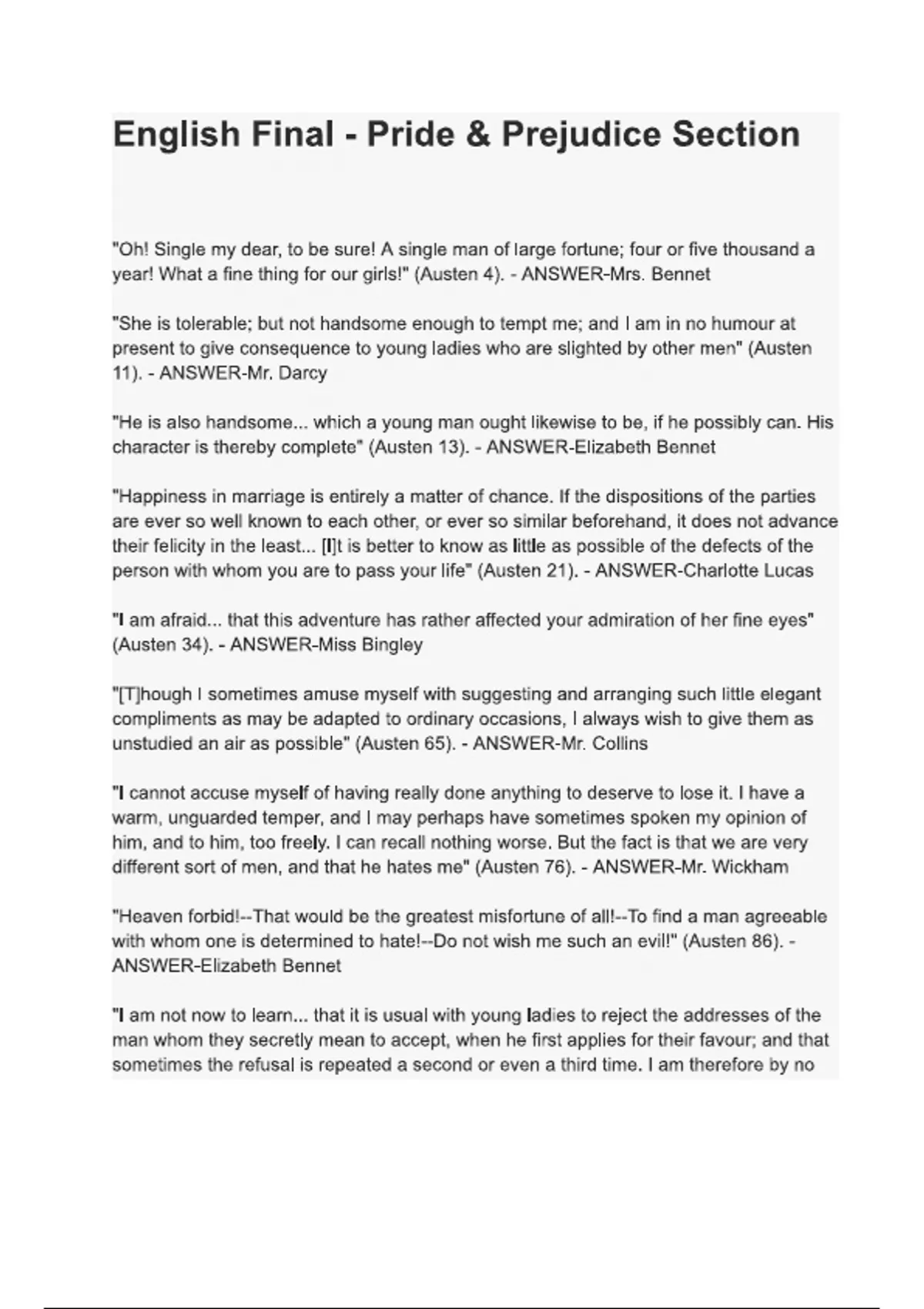 English Final - Pride & Prejudice Section with complete solutions ...