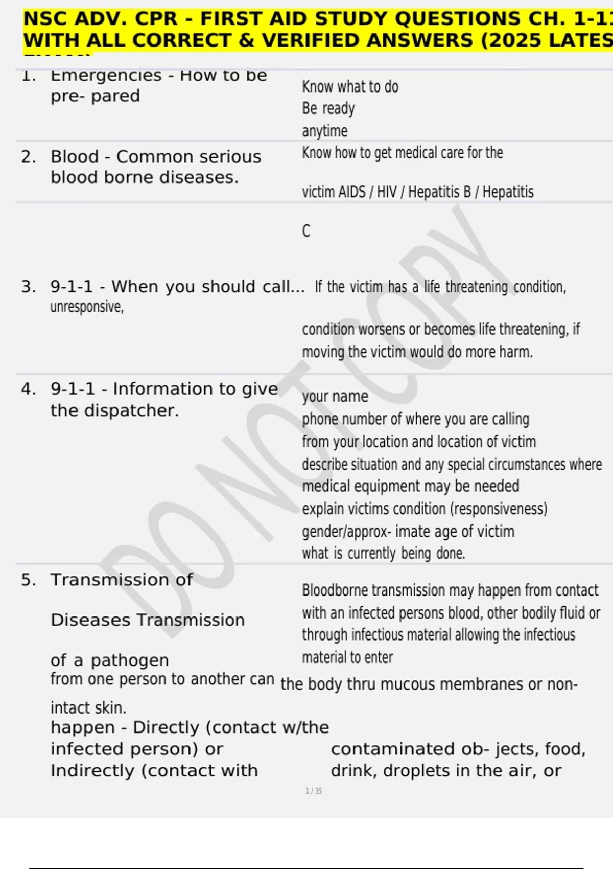 NSC ADV. CPR - FIRST AID STUDY QUESTIONS CH. 1-11 WITH ALL CORRECT & VERIFIED ANSWERS (2025 ...