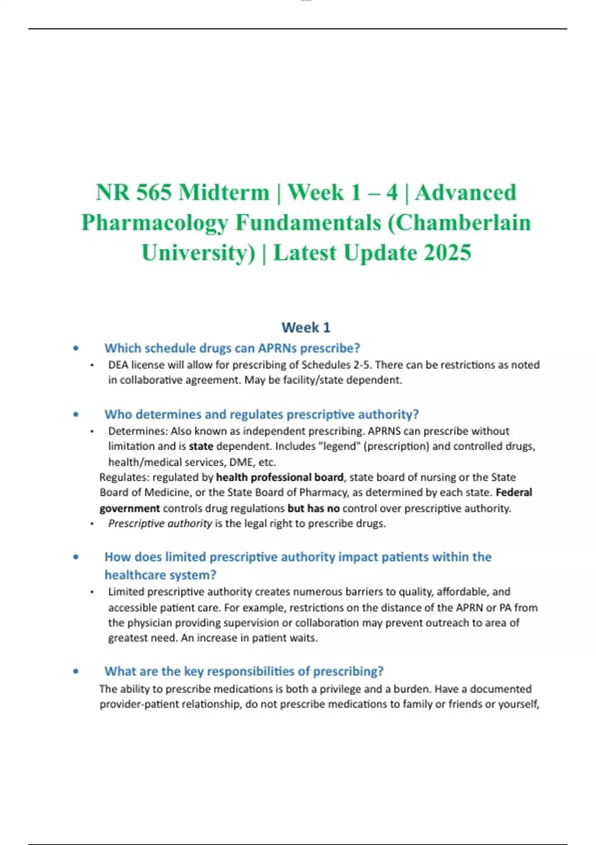 NR 565 Midterm | Week 1 – 4 | Advanced Pharmacology Fundamentals (Chamberlain University ...