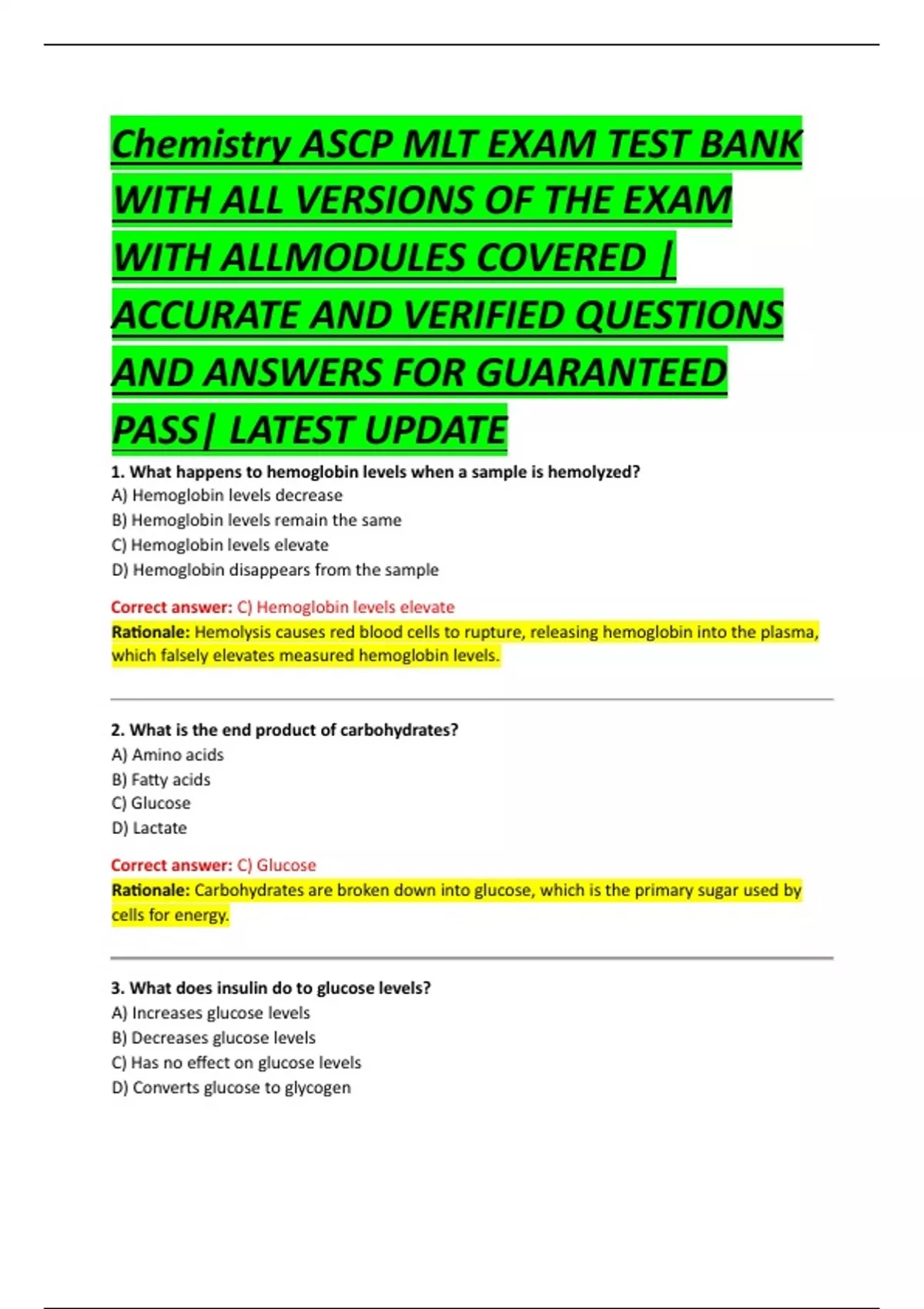 Chemistry ASCP MLT EXAM TEST BANK WITH ALL VERSIONS OF THE EXAM WITH ...
