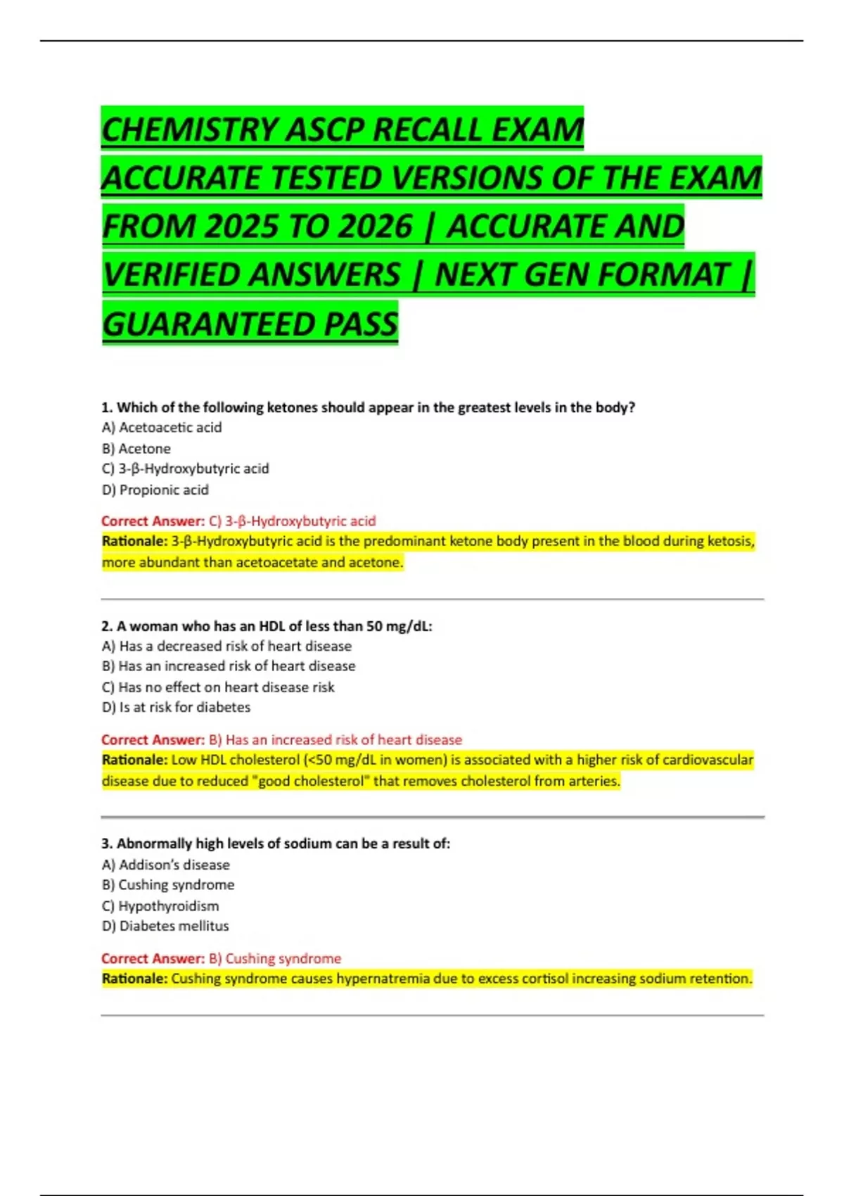 CHEMISTRY ASCP RECALL EXAM ACCURATE TESTED VERSIONS OF THE EXAM FROM ...