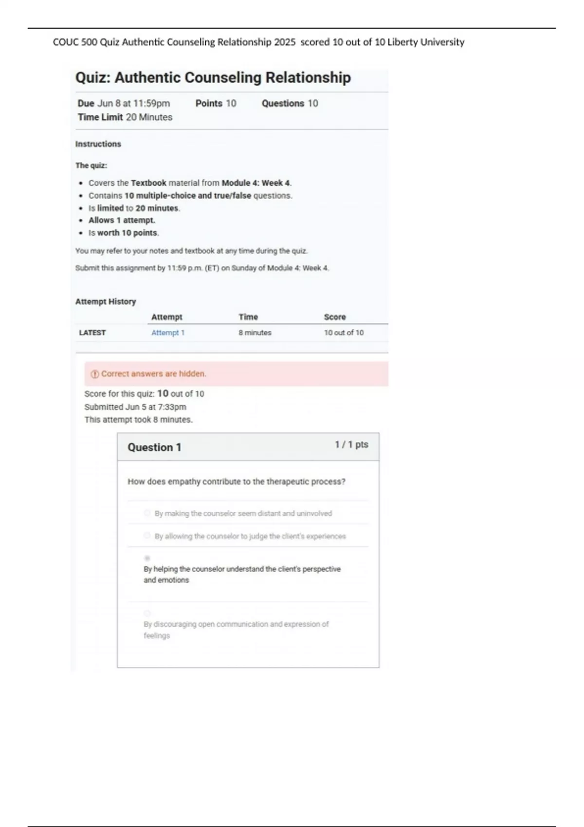 COUC 500 Quiz Authentic Counseling Relationship 2025 scored 10 out of ...