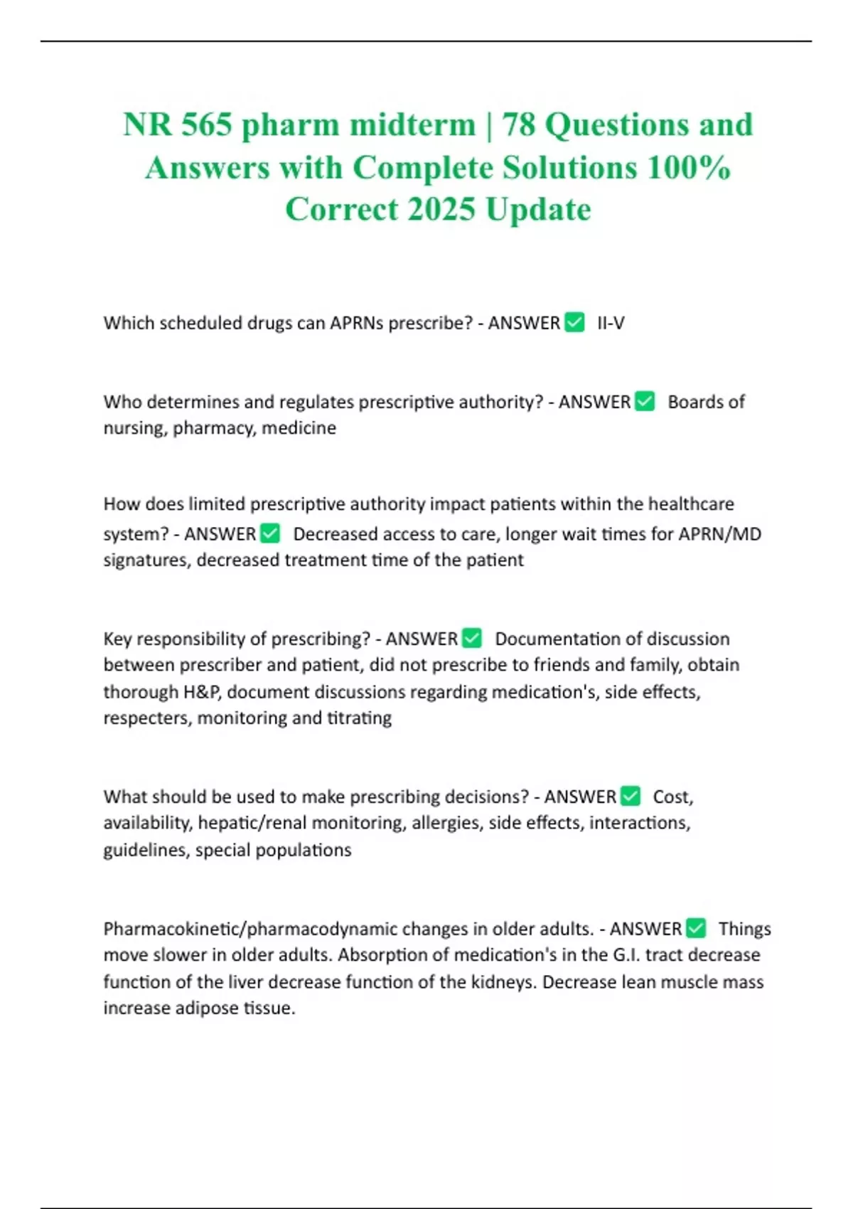 NR 565 pharm midterm | 78 Questions and Answers with Complete Solutions 100% Correct 2025 Update ...