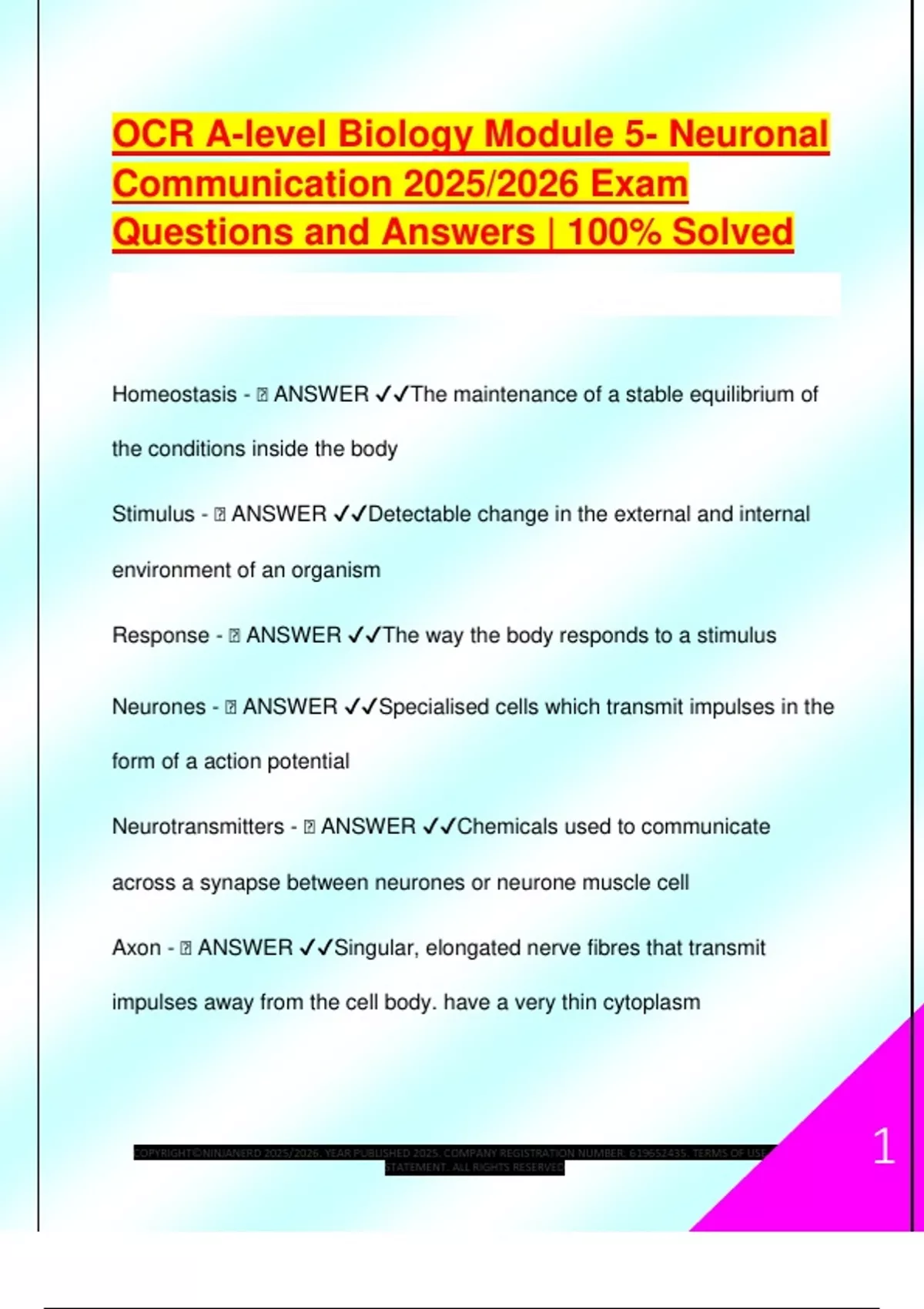 OCR A-level Biology Module 5- Neuronal Communication 2025/2026 Exam ...