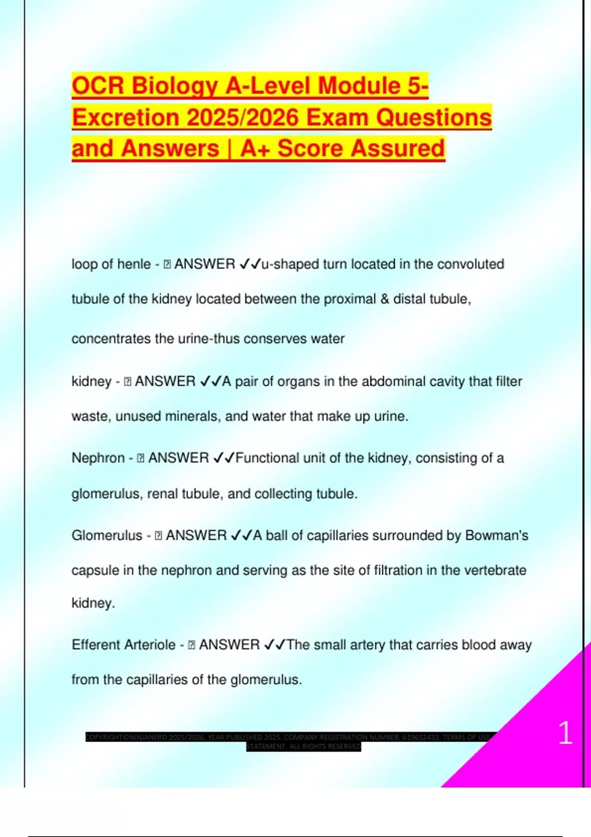 OCR Biology A-Level Module 5- Excretion 2025/2026 Exam Questions and ...
