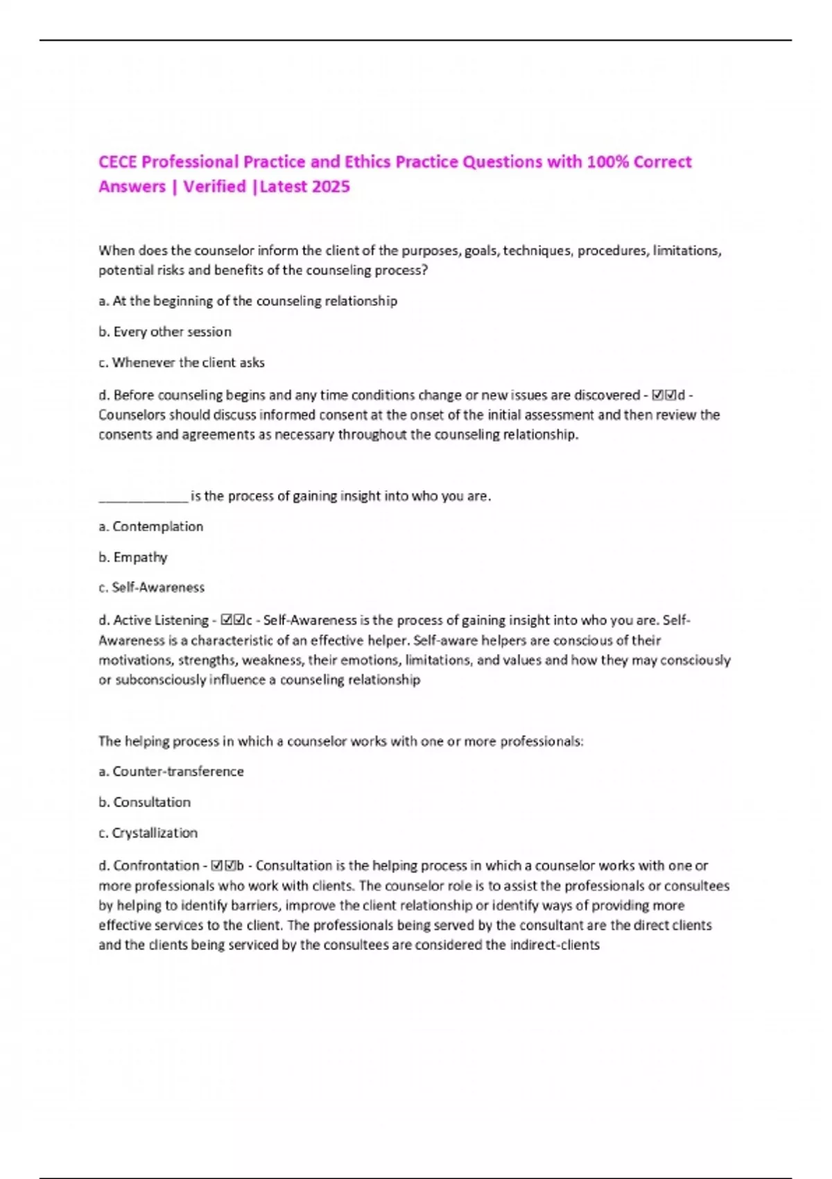 CECE Professional Practice and Ethics Practice Questions with 100% ...