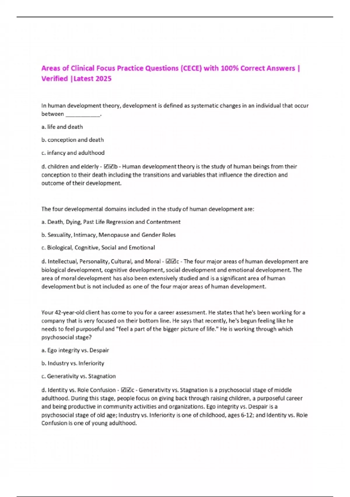 Areas of Clinical Focus Practice Questions (CECE) with 100% Correct ...