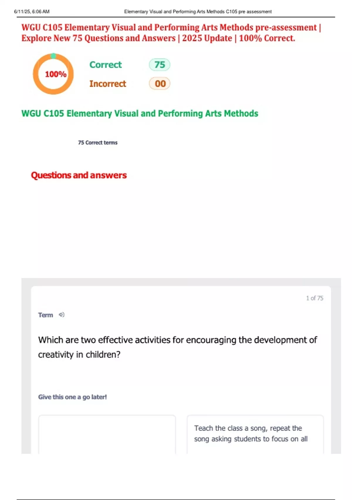 WGU C105 Elementary Visual and Performing Arts Methods pre-assessment | Explore New 75 Questions ...