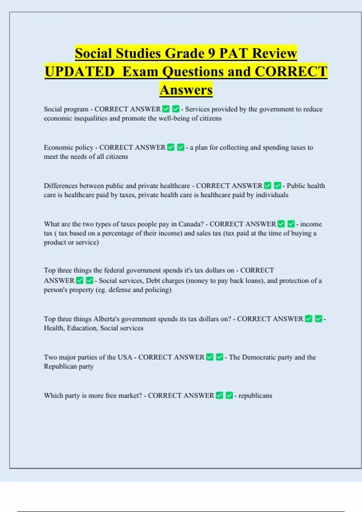 Social Studies Grade 9 PAT Review UPDATED Exam Questions and CORRECT ...