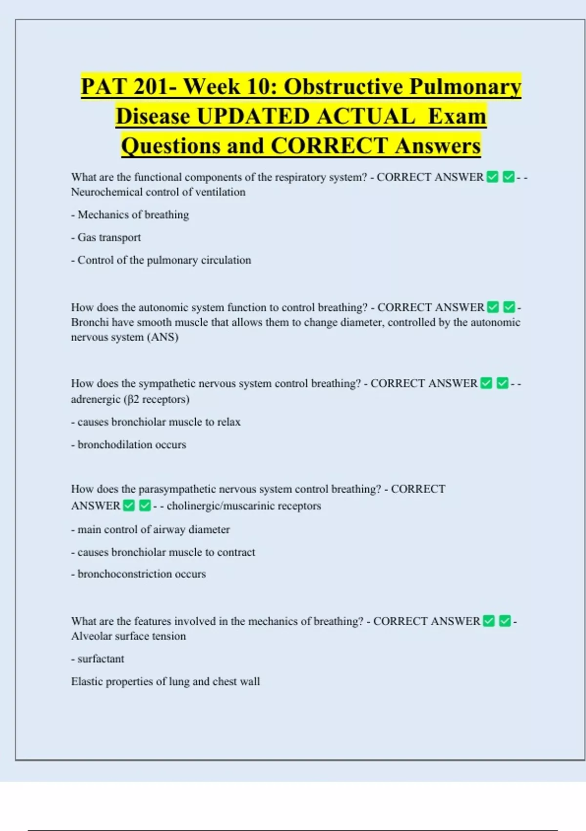 PAT 201- Week 10: Obstructive Pulmonary Disease UPDATED ACTUAL Exam ...