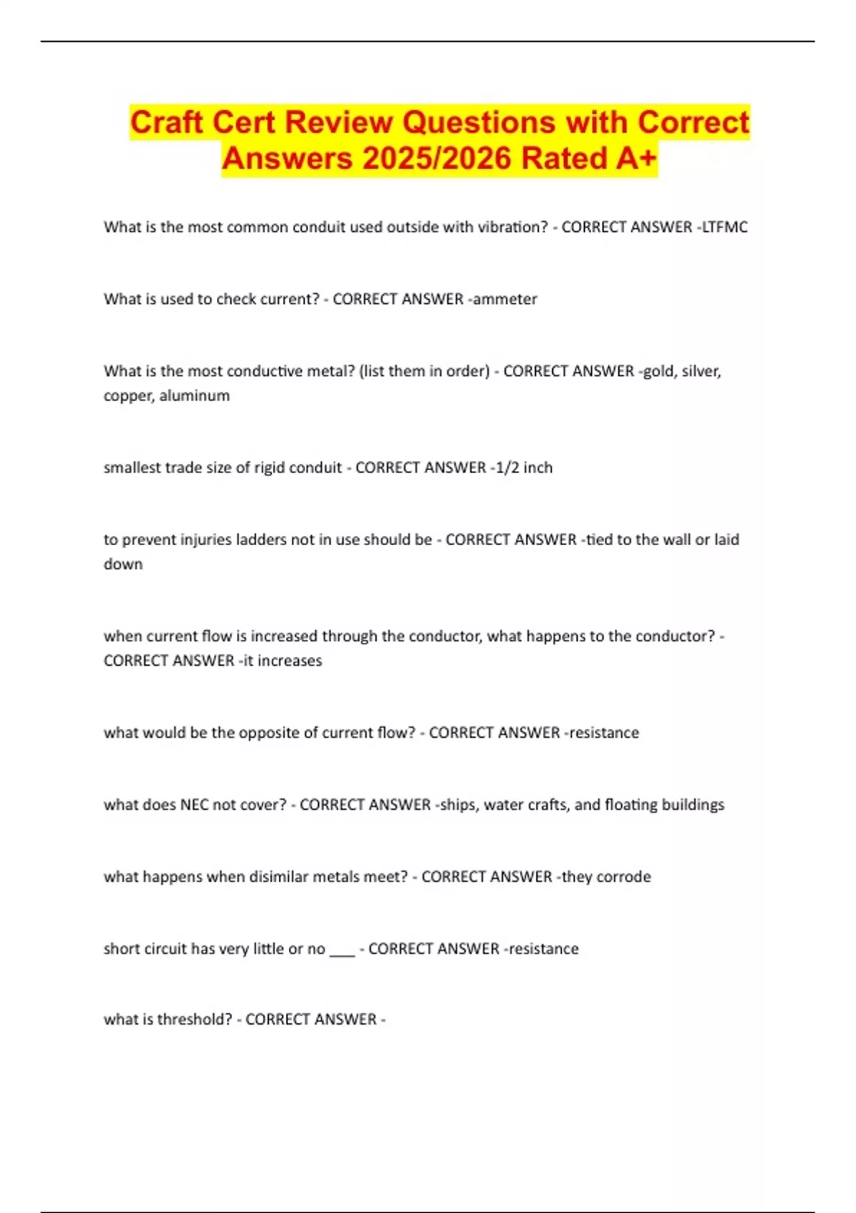 Craft Exams Questions with Correct Answers 100% Pass| Latest Version ...