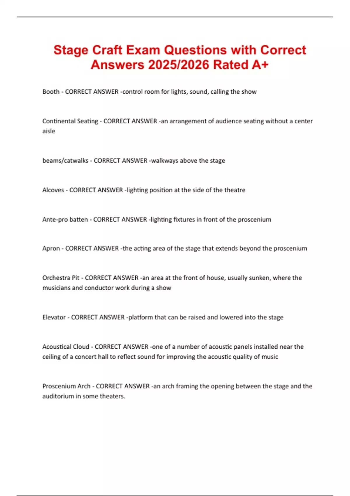 Stage Craft Exam Questions with Correct Answers 2025/2026 Rated A+ ...