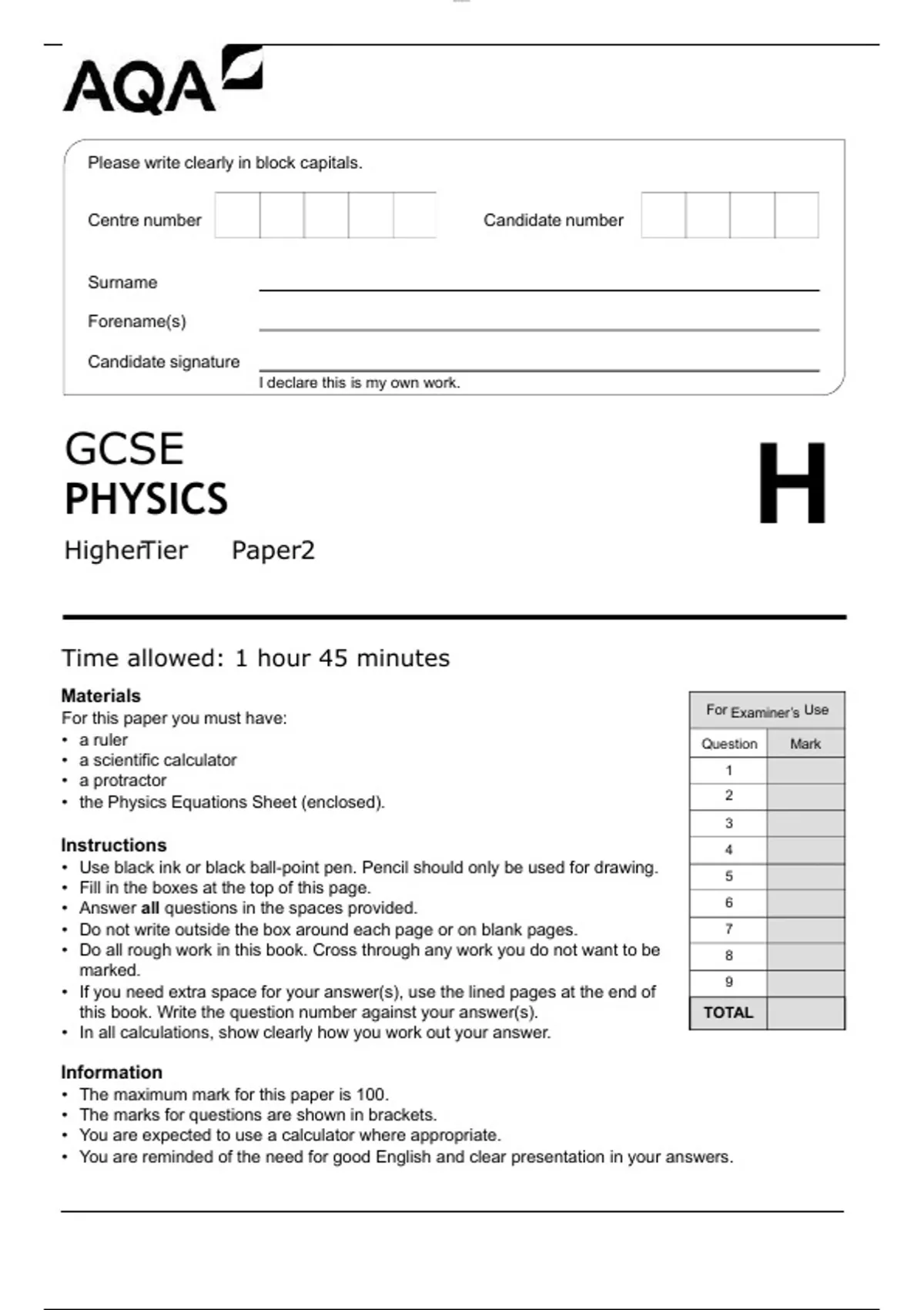 AQA GCSE PHYSICS Higher Tier Paper 2 & MARK SCHEME Exam June 2025| GET ...