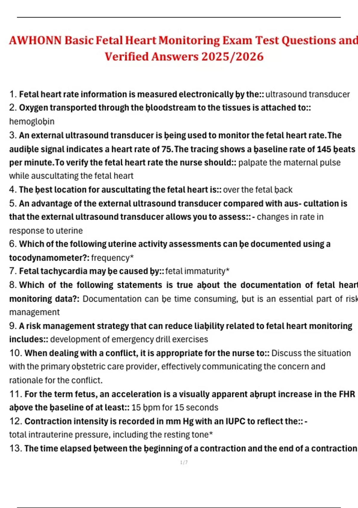 AWHONN Basic Fetal Heart Monitoring Exam – Test Questions and Verified ...