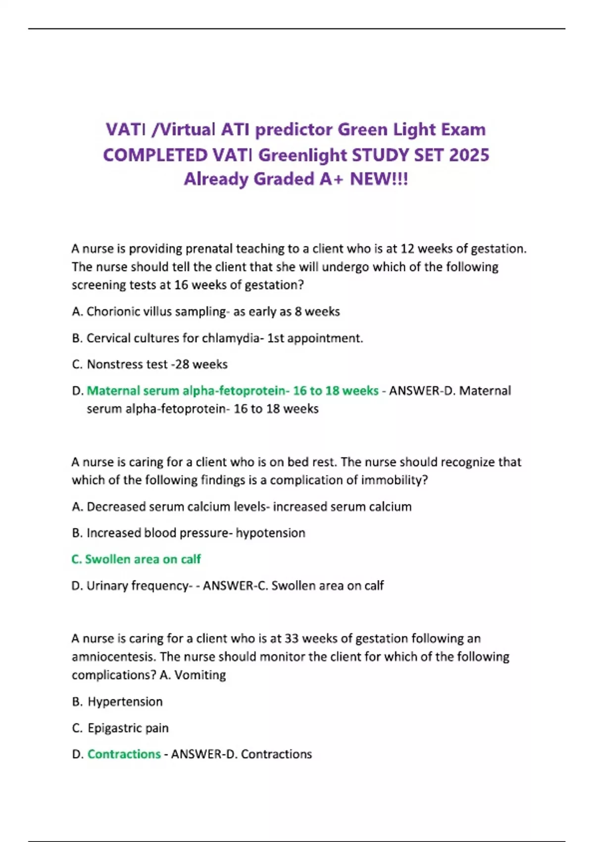 VATI /Virtual ATI predictor Green Light Exam COMPLETED VATI Greenlight ...