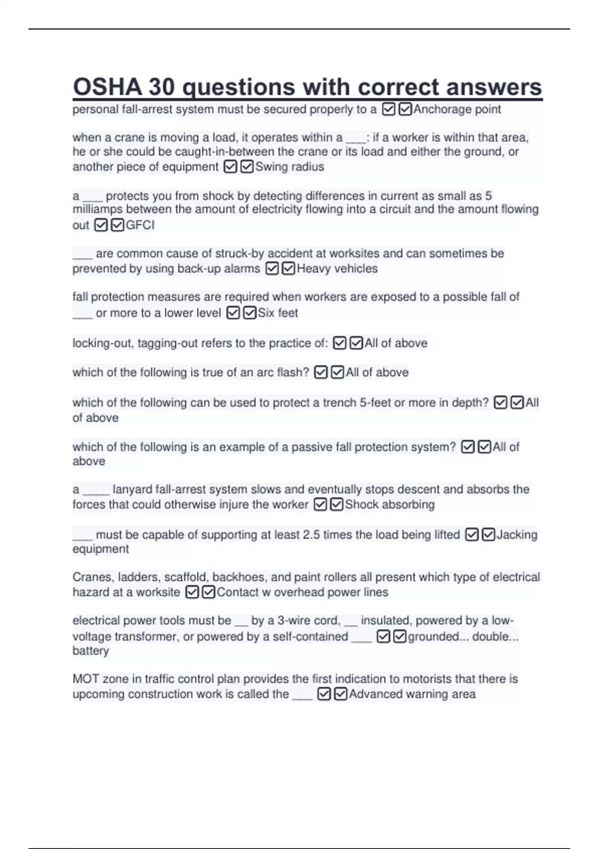 OSHA 30 questions with correct answers - OSHA 30 Construction - Stuvia US