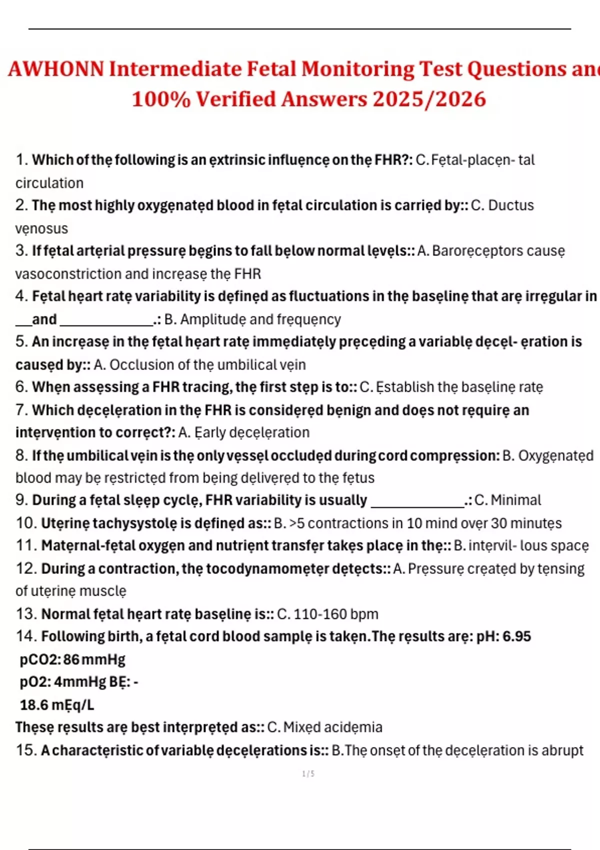 AWHONN Intermediate Fetal Monitoring Test – Questions and 100% Verified ...